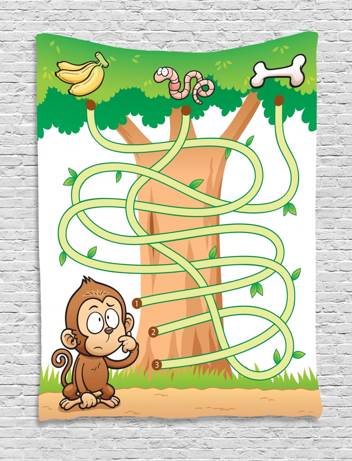 Kid's Activity Tapestry, Curious Monkey Trying to Reach the Banana Maze ...