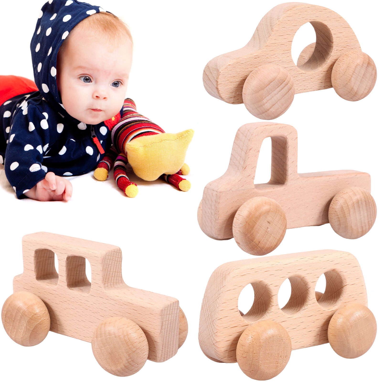 4Pcs Wooden Toys Cars for Babies 6 to 12 Months Baby Holding Car Wood Toy Baby Chewing Toys Montessori Cute Wooden Car Toy Natural Beech Wood Baby Push Cars for Boys Girls