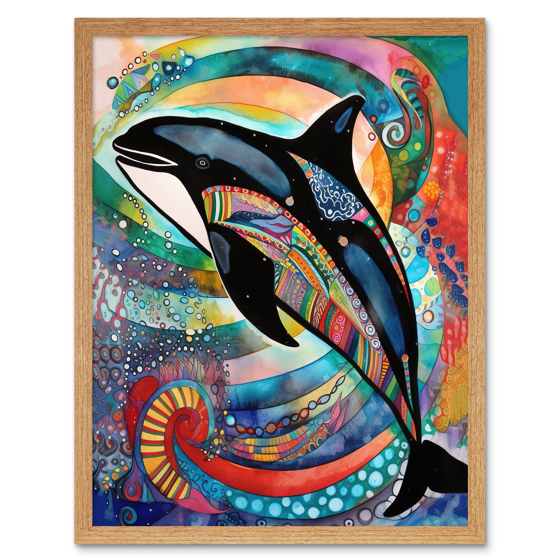 Orca Jumping Out Of Sunset Colour Waves Folk Art Art Print Framed ...