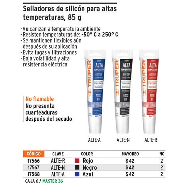 Sellador para altas temperaturas, silicón rojo, 85 gr Truper Sellador para altas temperaturas ...