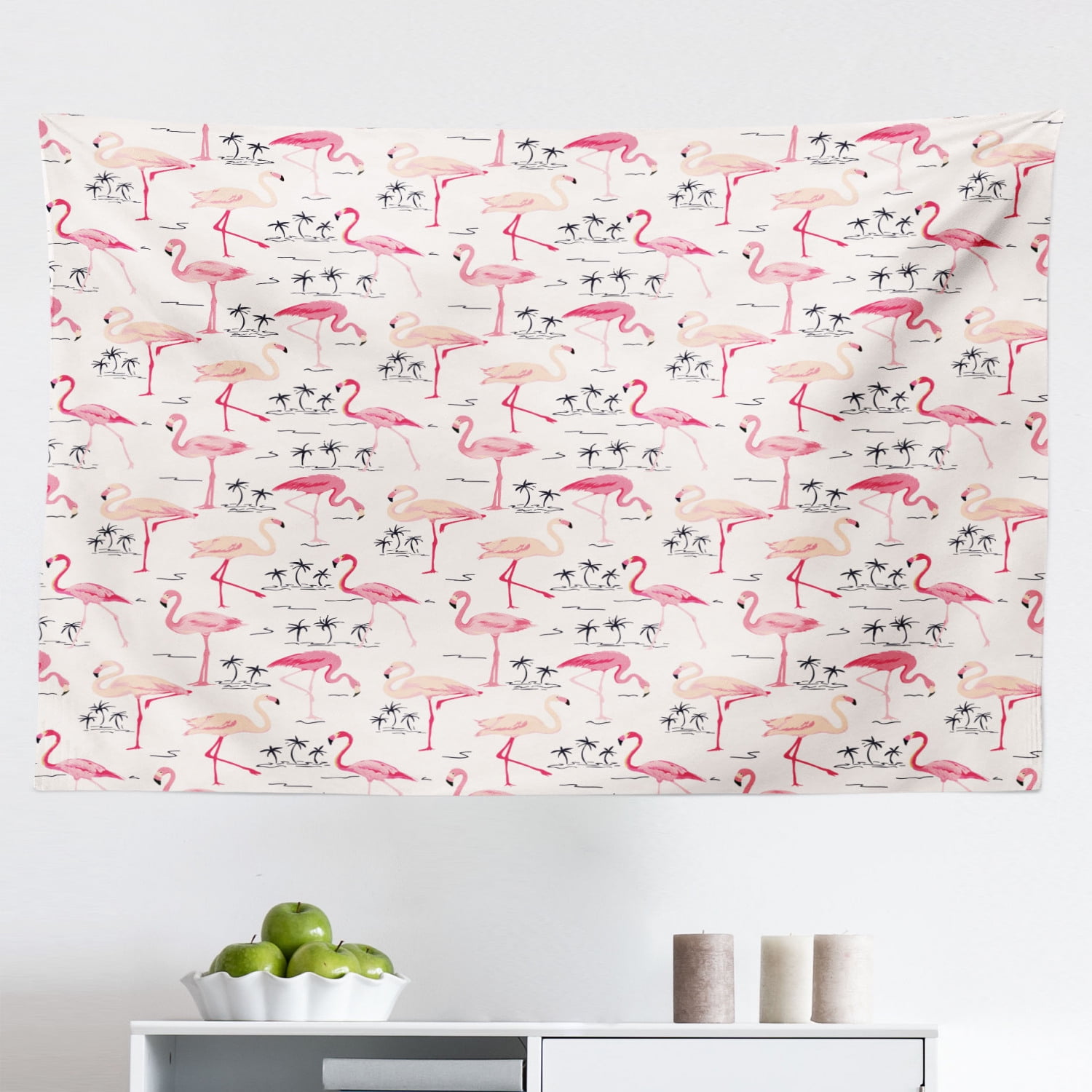 Flamingo Tapestry, Flamingos with Exotic Hawaiian Leaves Flowers on ...