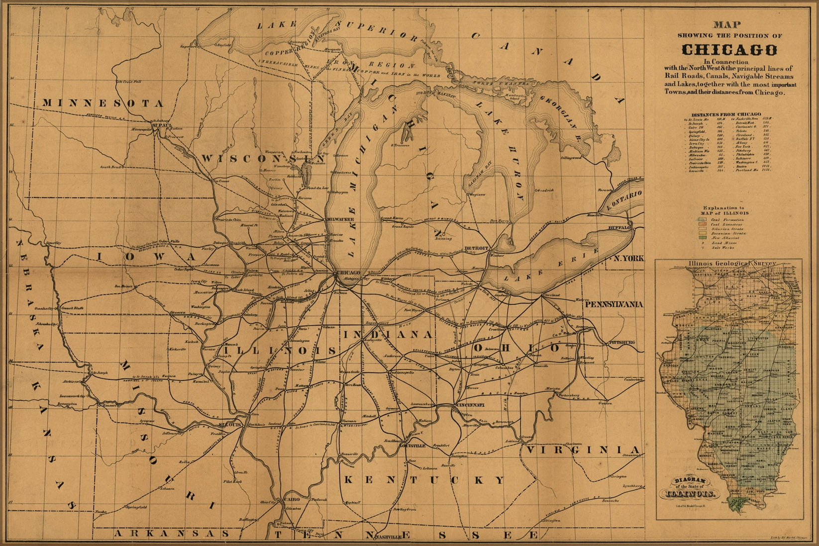 24"x36" Gallery Poster, Map of Chicago railroad & canal connections ...