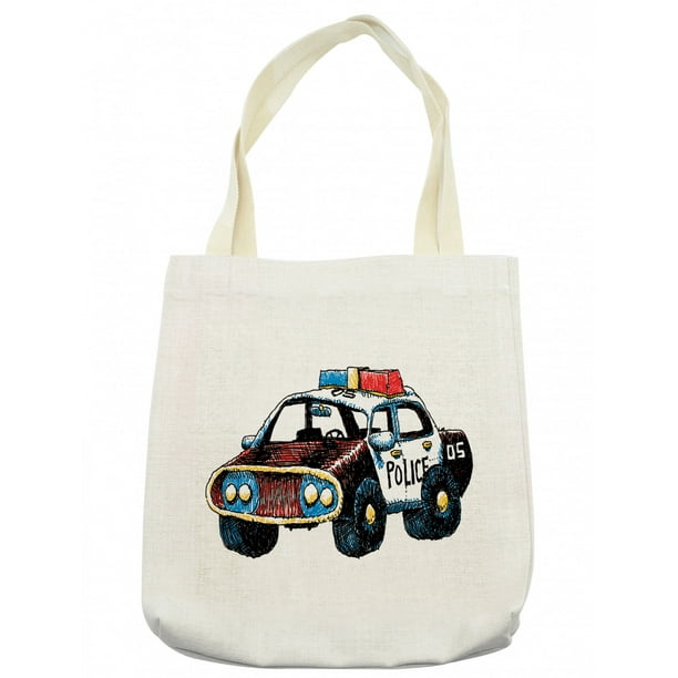 Police Tote Bag, Cartoon Hand Drawn Police Car Unusual Design with ...