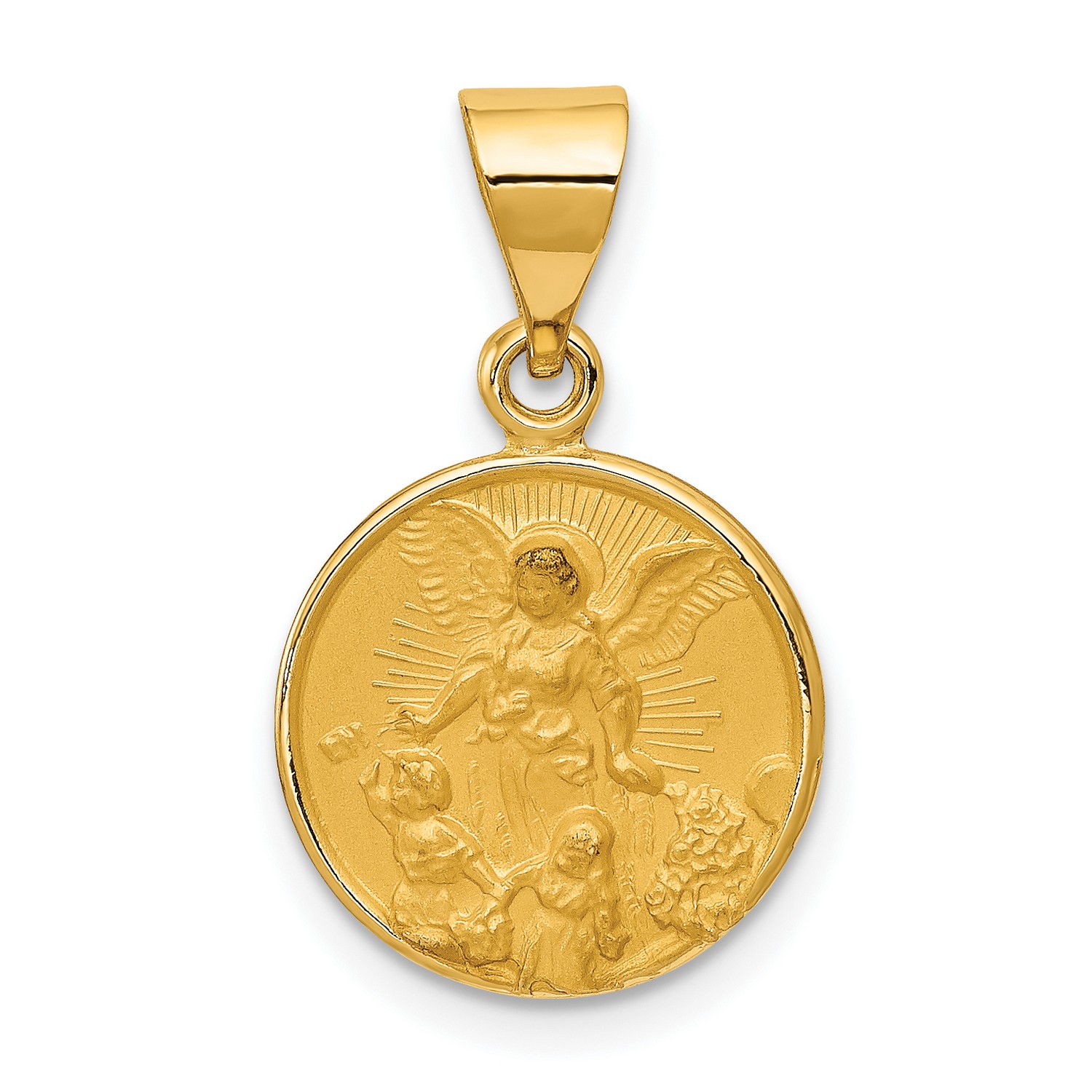 Guardian Angel Round Medal Pendant in Real 18k Yellow Gold 13mm ...