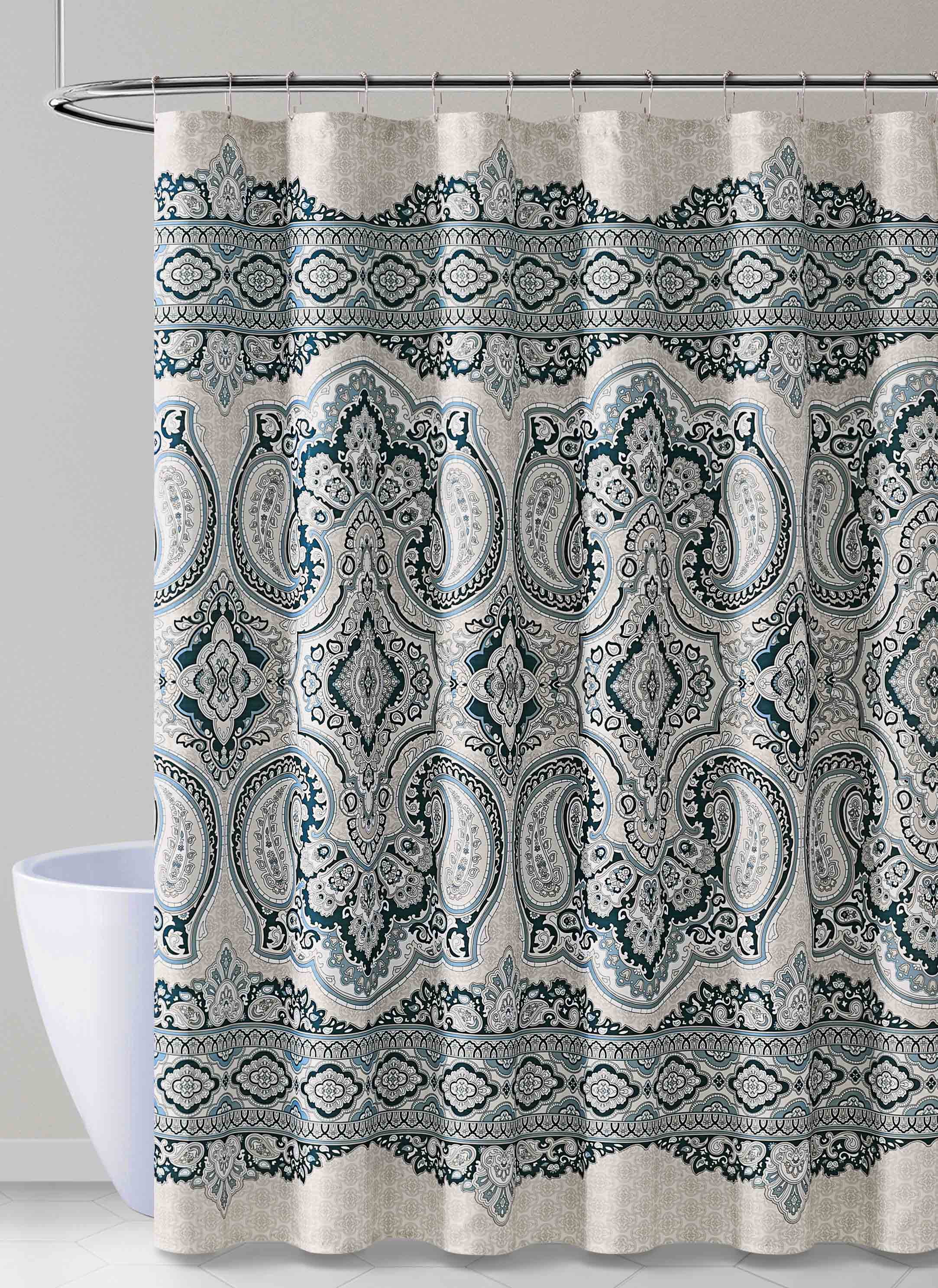 Bohemian Style Fabric Shower Curtain For Bathroom In Navy Taupe White