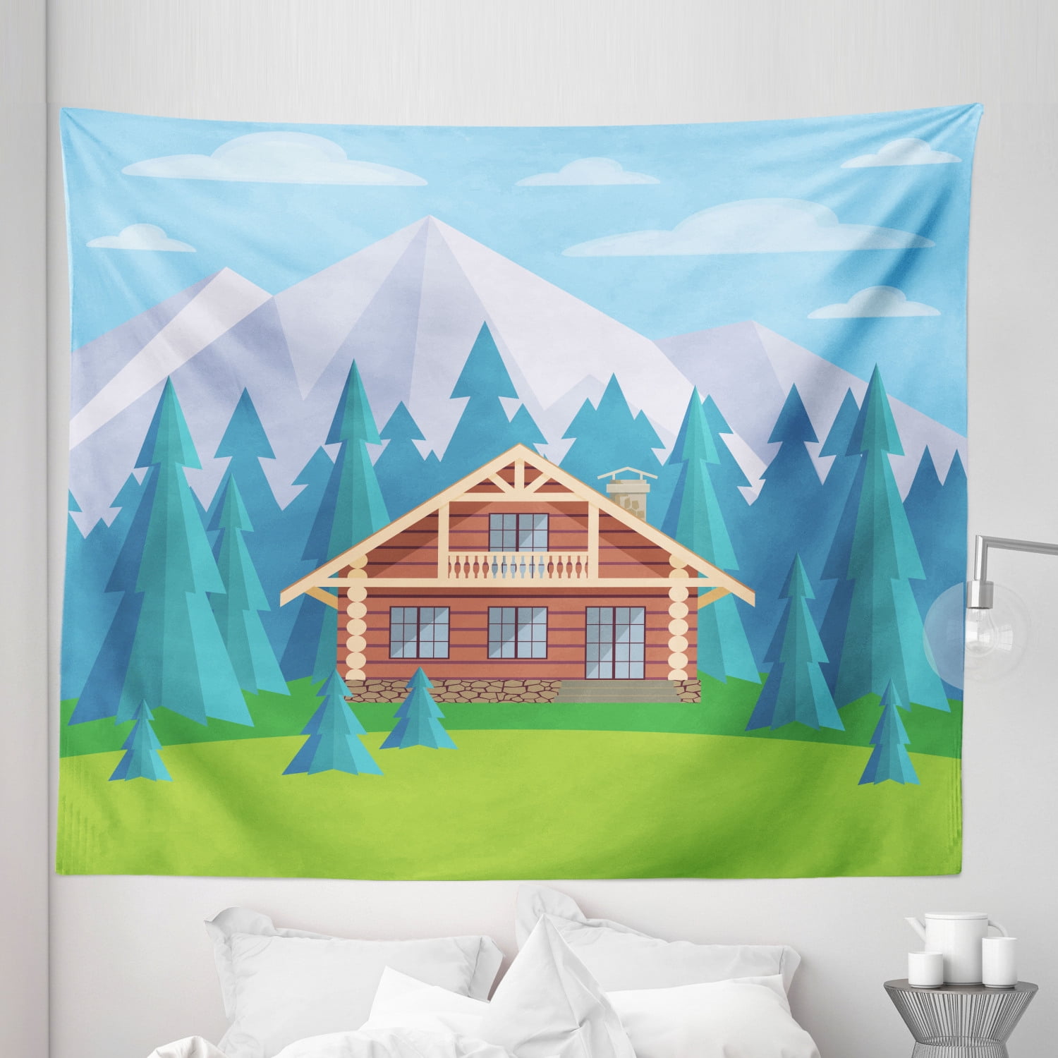 Log Cabin Tapestry, Image of a Wooden House in Environment Surrounded ...