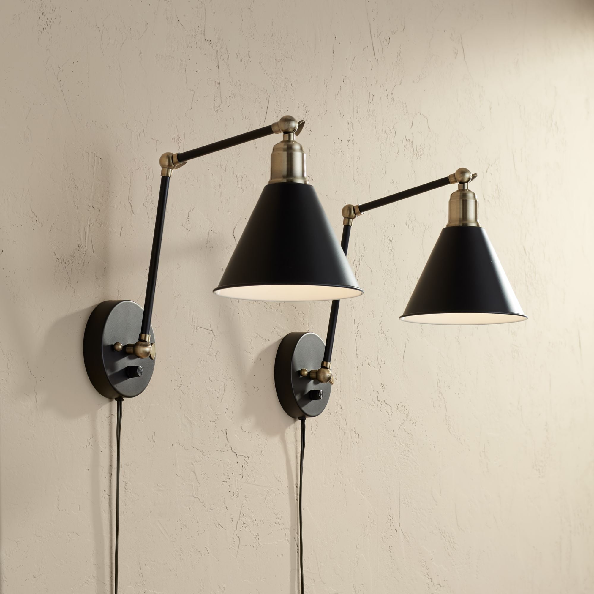 360 Lighting Modern Wall Lamp Plug-In Set of 2 Black and Antique Brass ... 360 Lighting Modern Wall Lamp Plug-In Set of 2 Black and Antique Brass ...