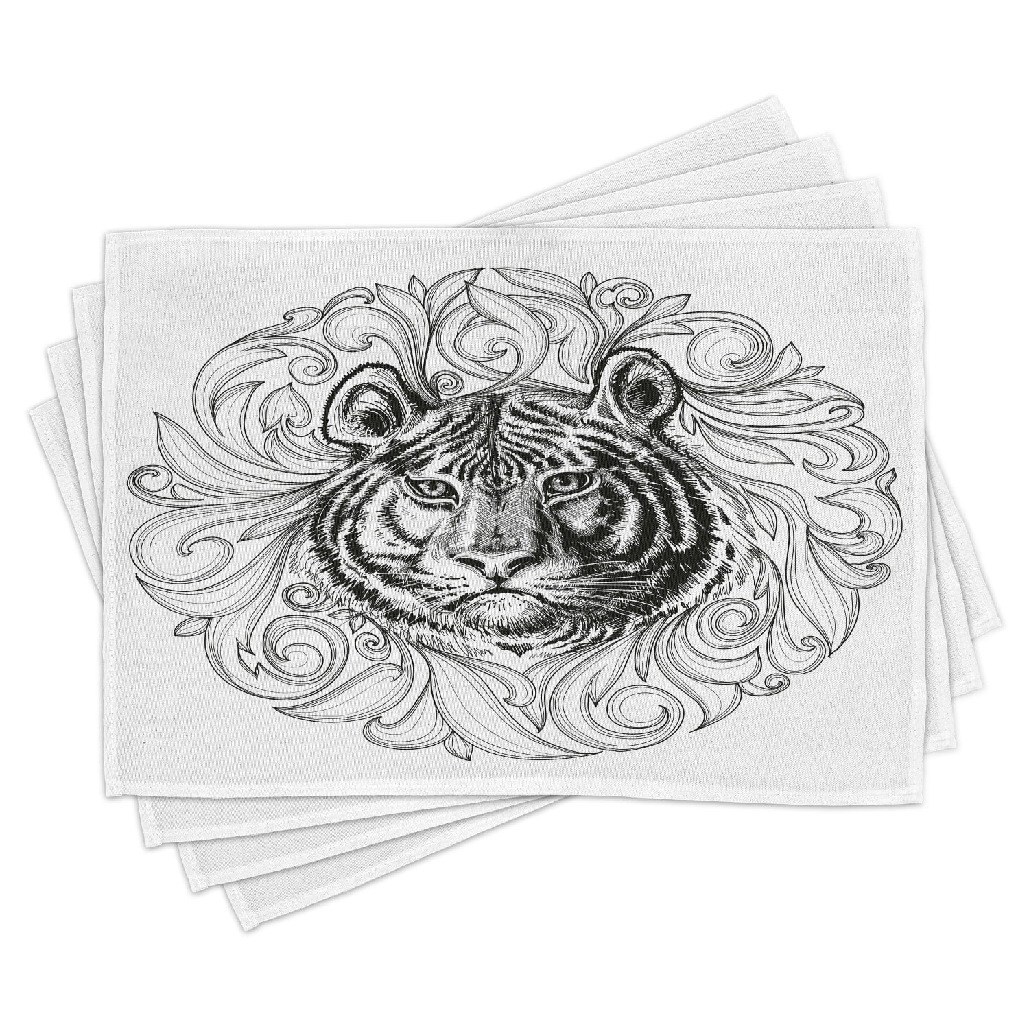 Ambesonne Tiger Place Mats Set of 4, Monochrome Feline Leaves, Standard ...