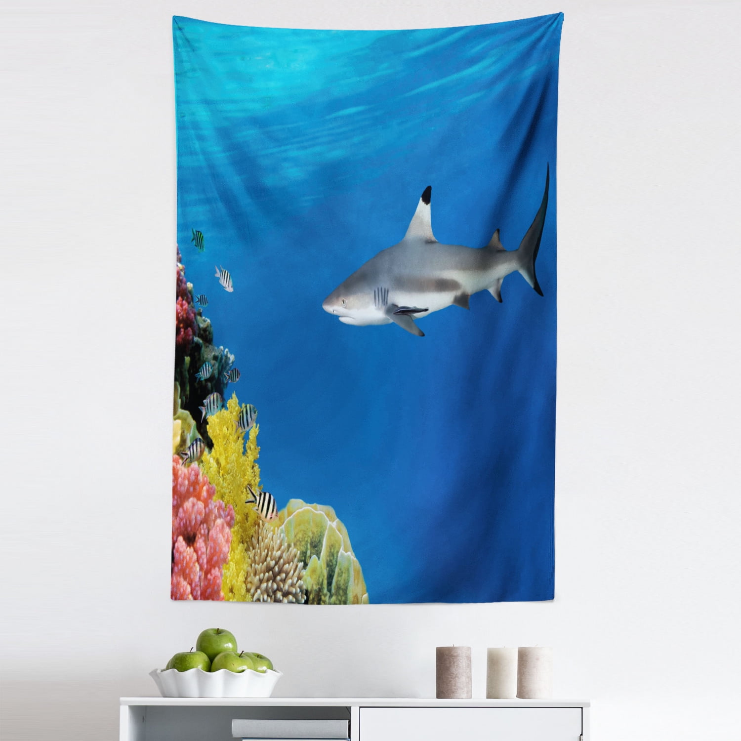 Shark Tapestry, Tropical Underwater World with Fishes Swimming and ...
