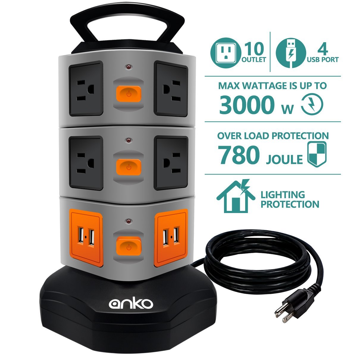 ANKO Power Strip Tower, ANKO 3000W 13A 16AWG Surge Protector Electric ...