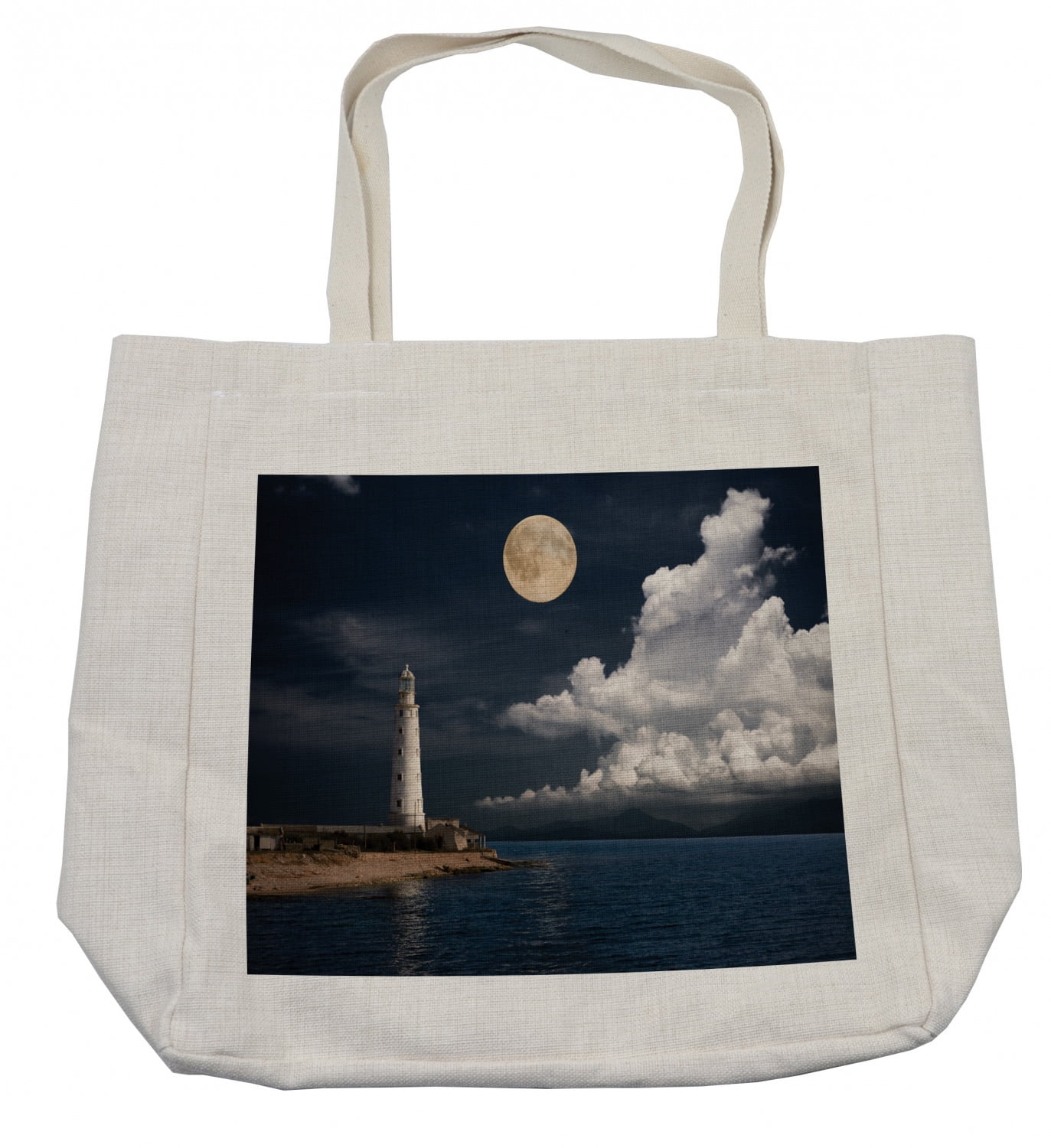 Lighthouse Shopping Bag, Lighthouse Moonlight Island Large Clouds Sea ...