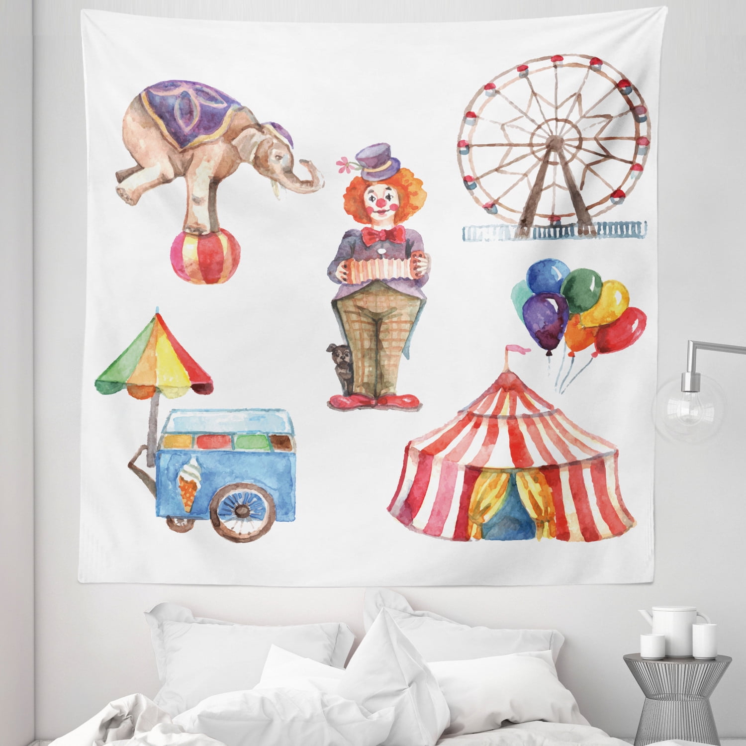 Colorful Tapestry, Festive Fun Elements Clown Balloons Ice Cream Cart ...