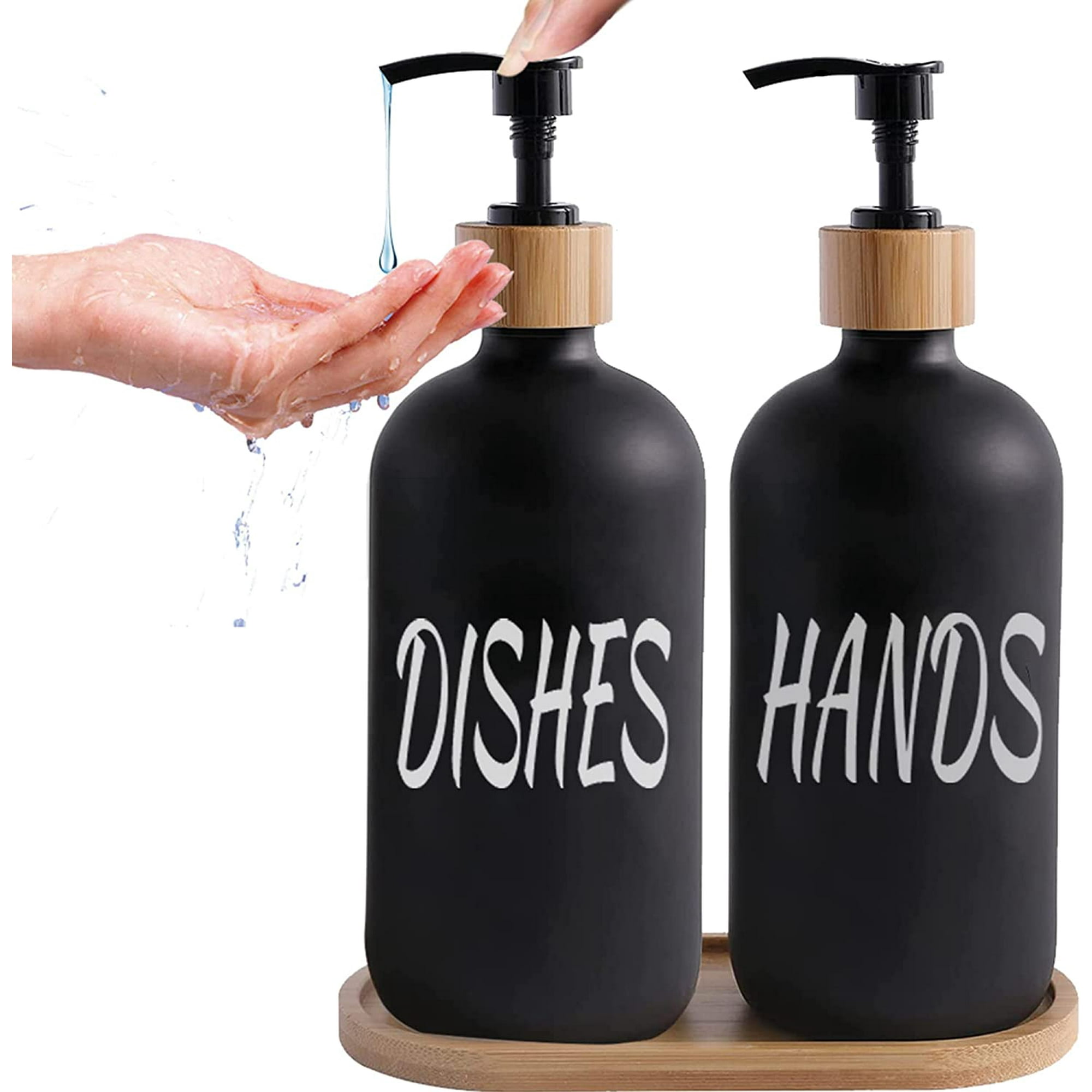 Entesi Glass Soap Dispenser Contains Matte Black Glass Dish Soap Dispenser And Hand Soap Dispenser Bamboo Pump And Bamboo Tray For Kitchen Soap Disp