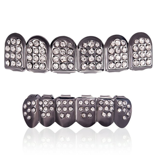 18K Custom Grillz Teeth Mouth Caps Top Bottom Black Plated Bling Grills ...
