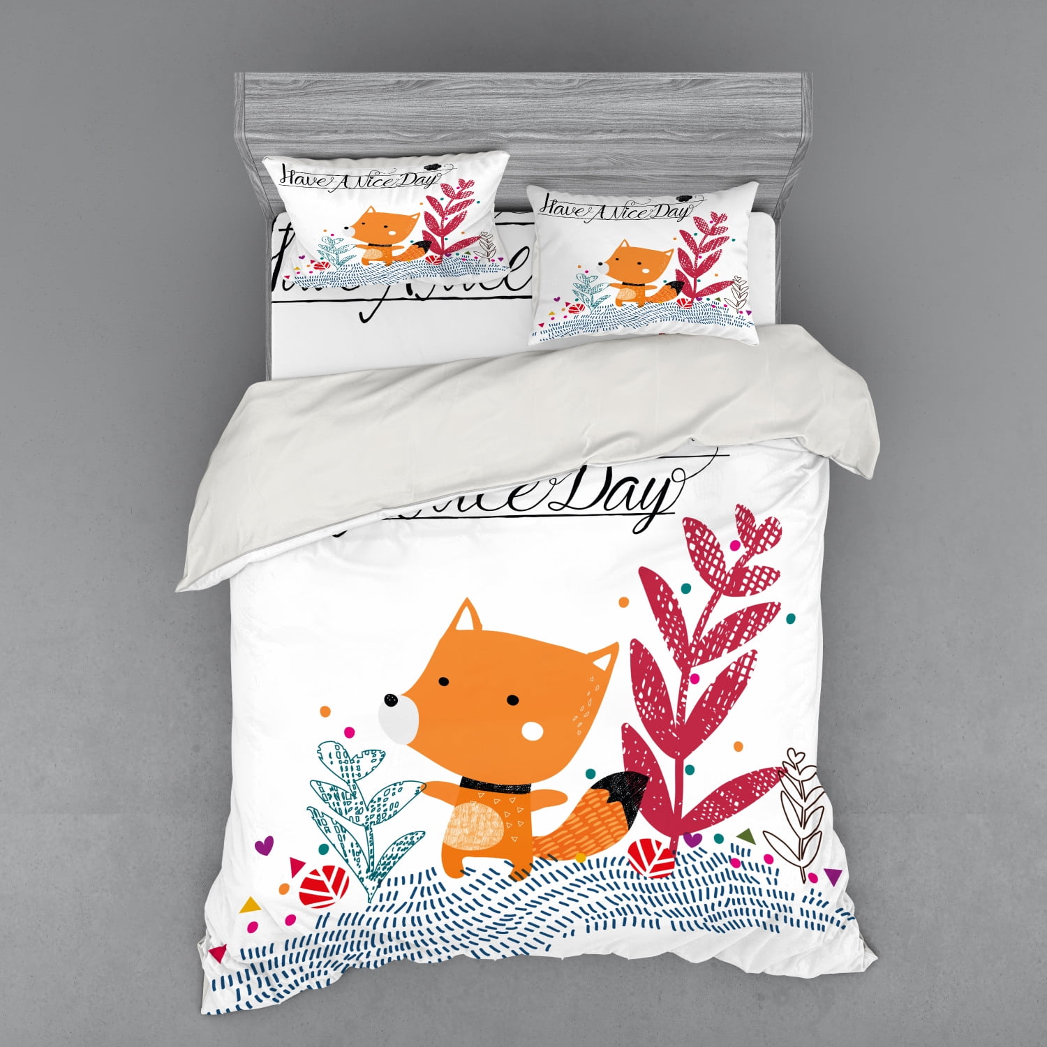 Fox Duvet Cover Set, Little Fox Character Colorful Geometric Spring ...