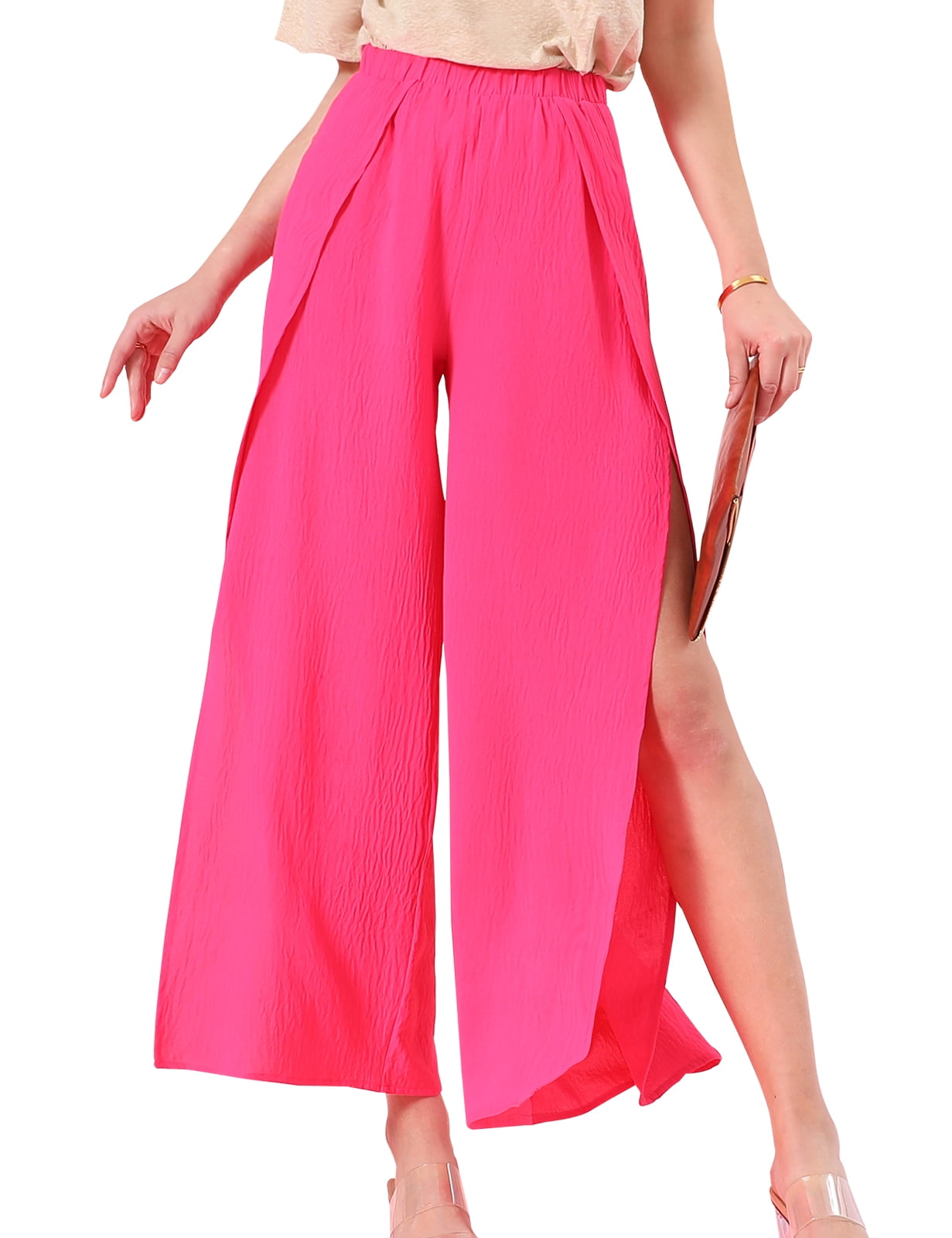 Doublju Womens Banded Waist Side Opening Slit Leg Wide Pants With Plus ...