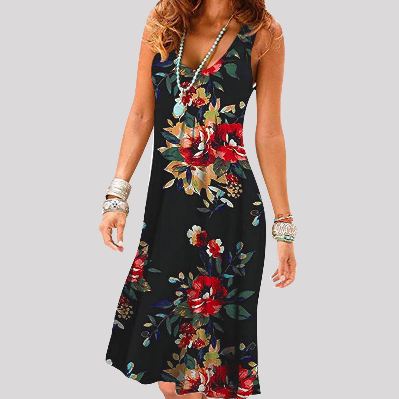 Usmixi Summer Dresses For Women High Waist Smocked Wrap Hem Tank Midi