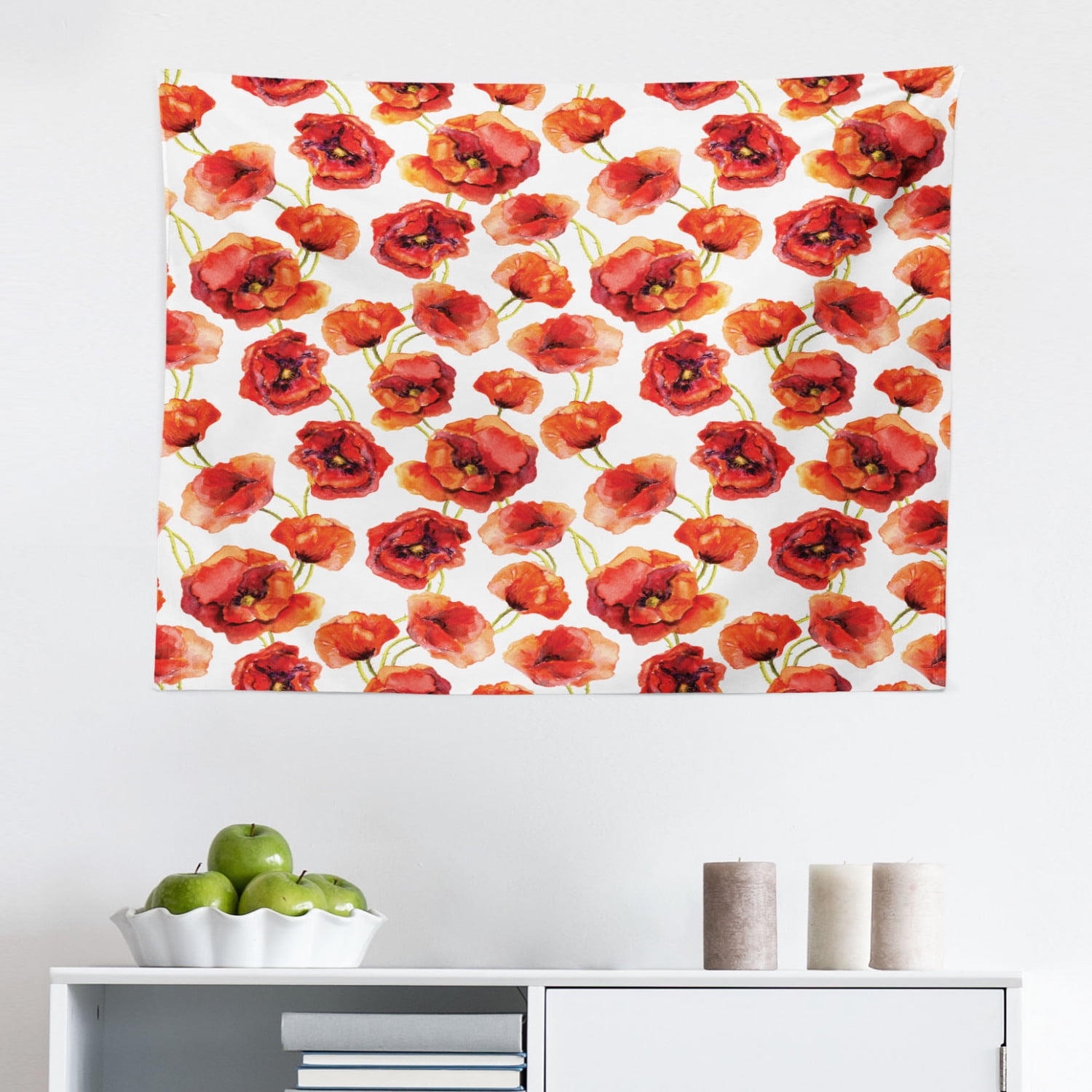 Flower Tapestry, Vintage Pattern with Poppy and Butterfly Romance ...