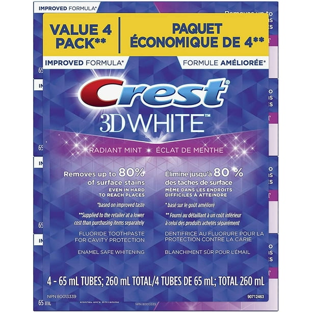 Crest, 3D White Whitening Toothpaste Radiant Mint, 65 mL (Pack Of 4) - Walmart.ca