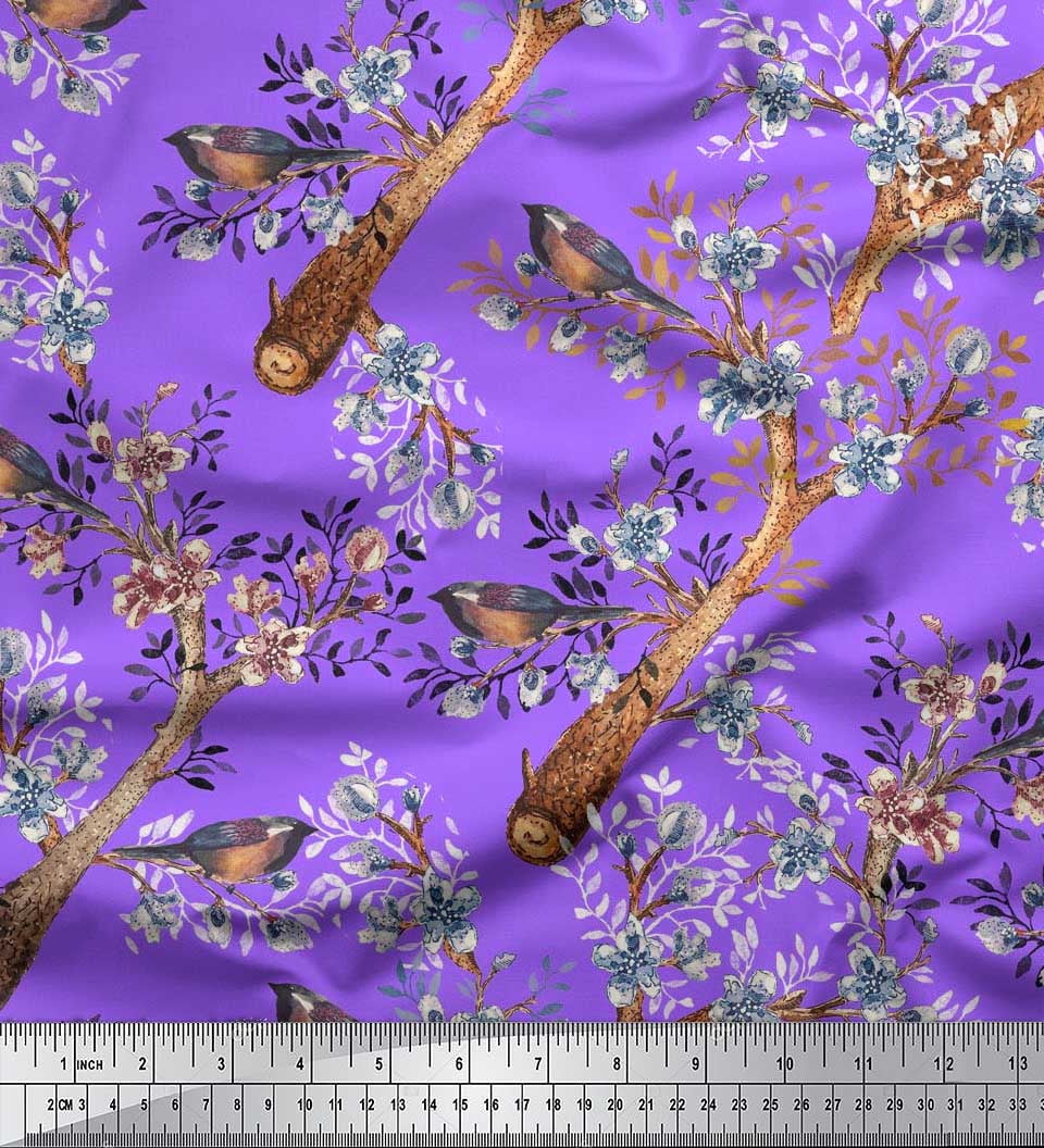 Soimoi Purple Poly Georgette Fabric Blue Floral & American Robin Bird ...