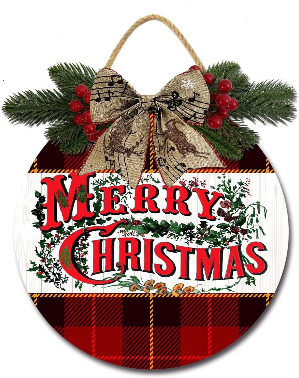 Eveokoki 11" Christmas Sign, Round Rustic Wooden Plaque Wreaths ...