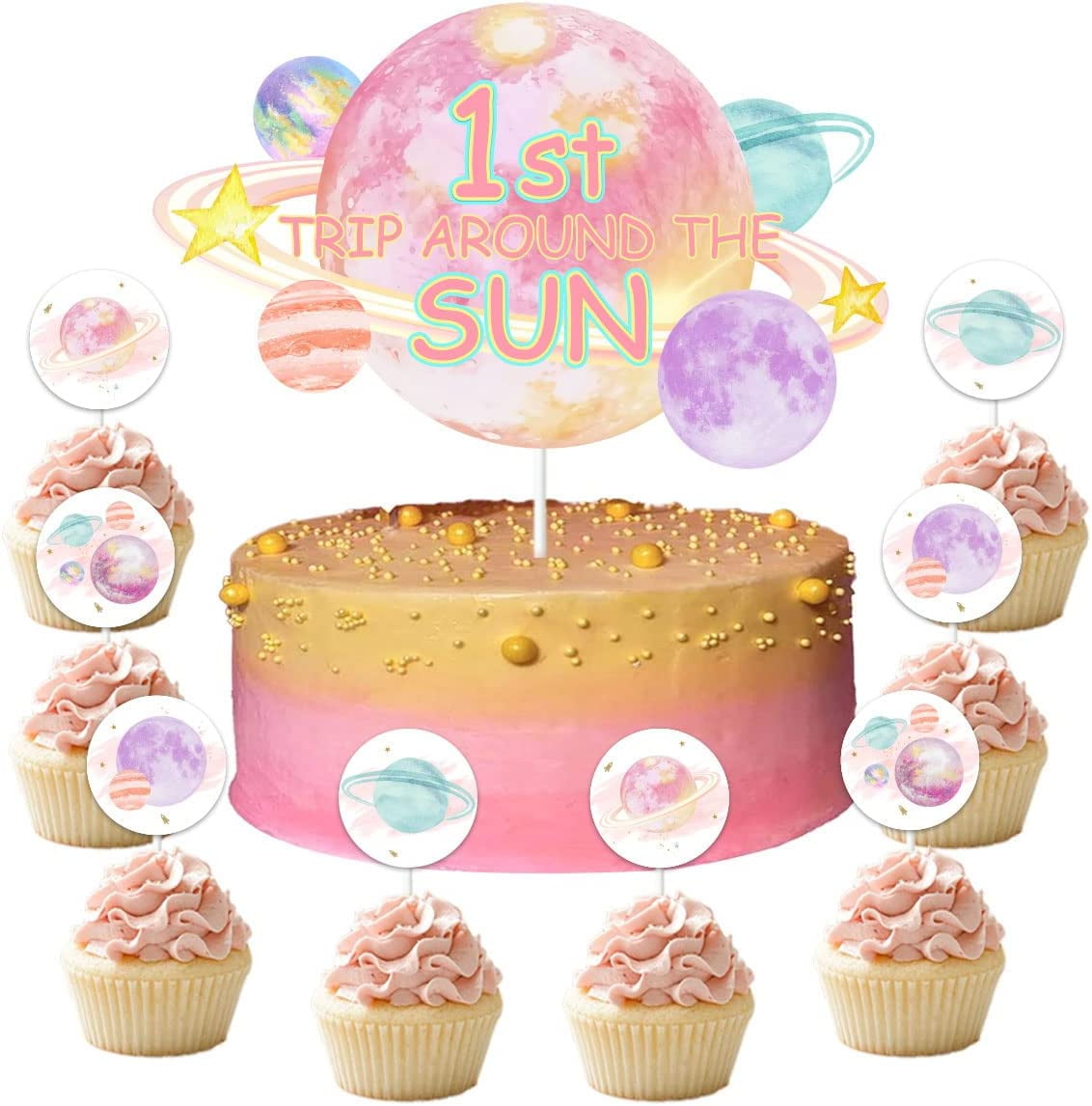 25PCS First Trip Around The Sun Cake Topper and Outer Space Cupcake ...