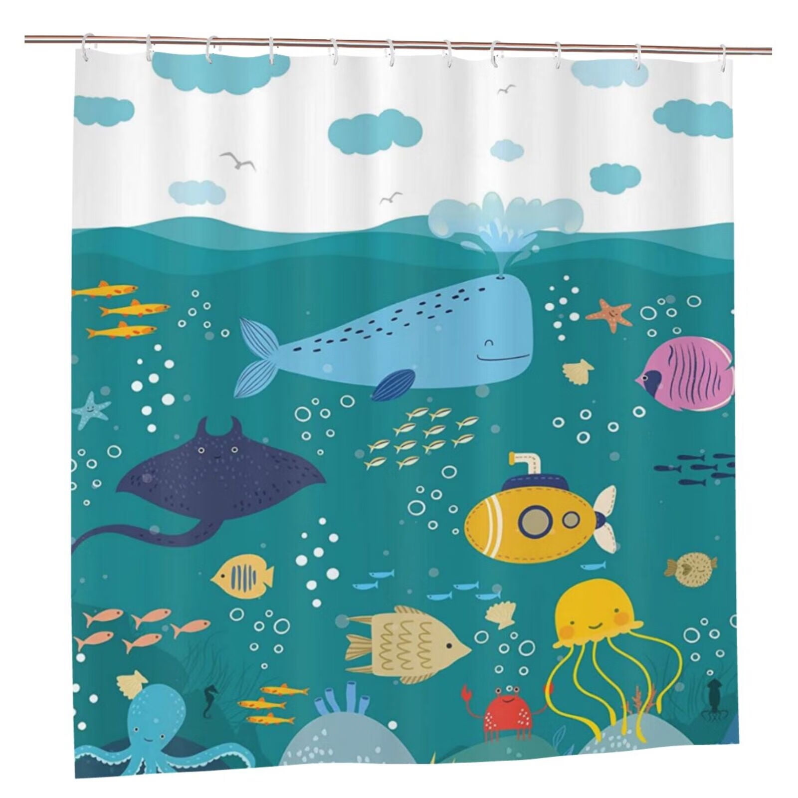 Cute Blue Ocean Sea Animals Shower Curtain Bathroom for Kids Cartoon ...