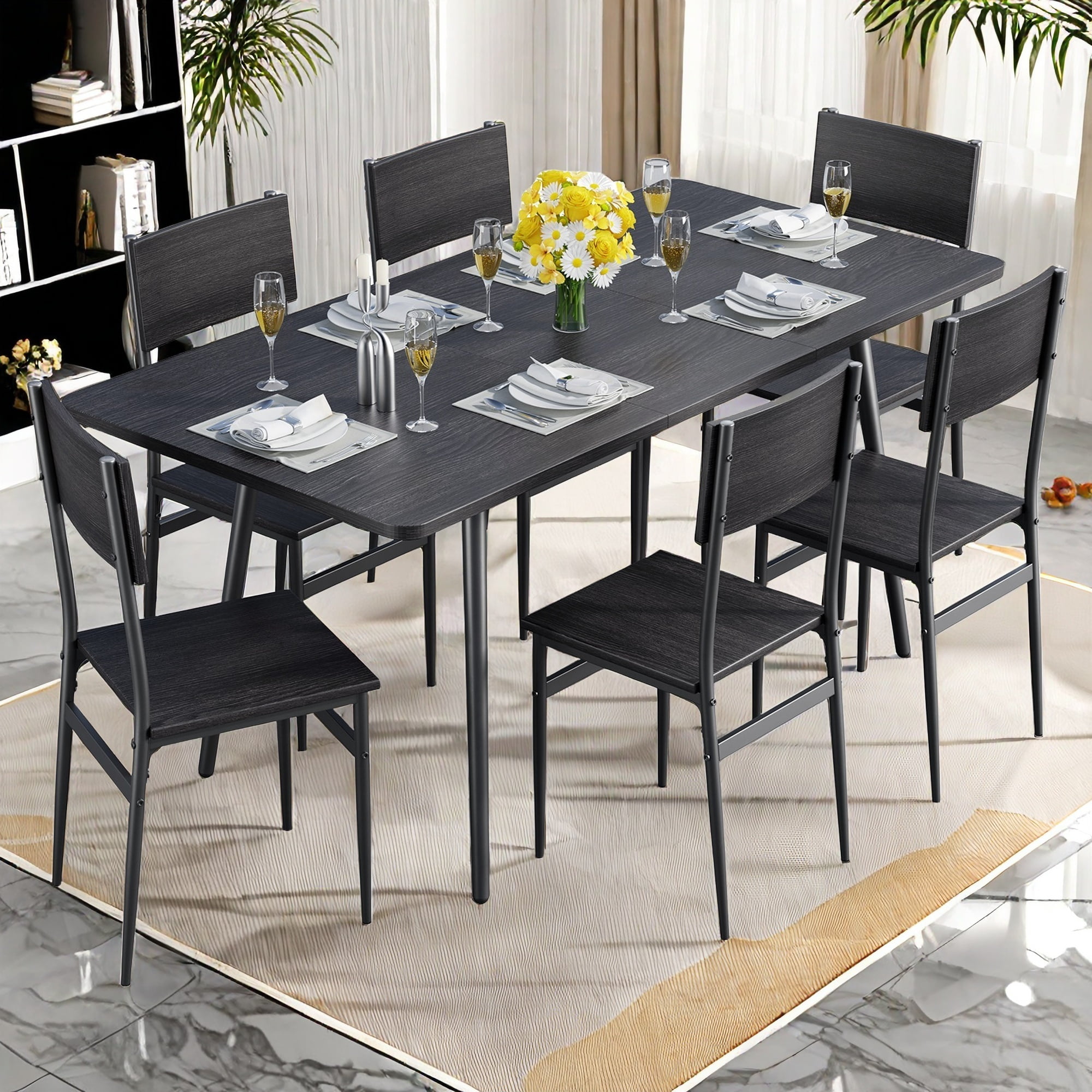 Lofka 6 Seater Extendable Dining Table Set with Backrest Chairs Black Walmart