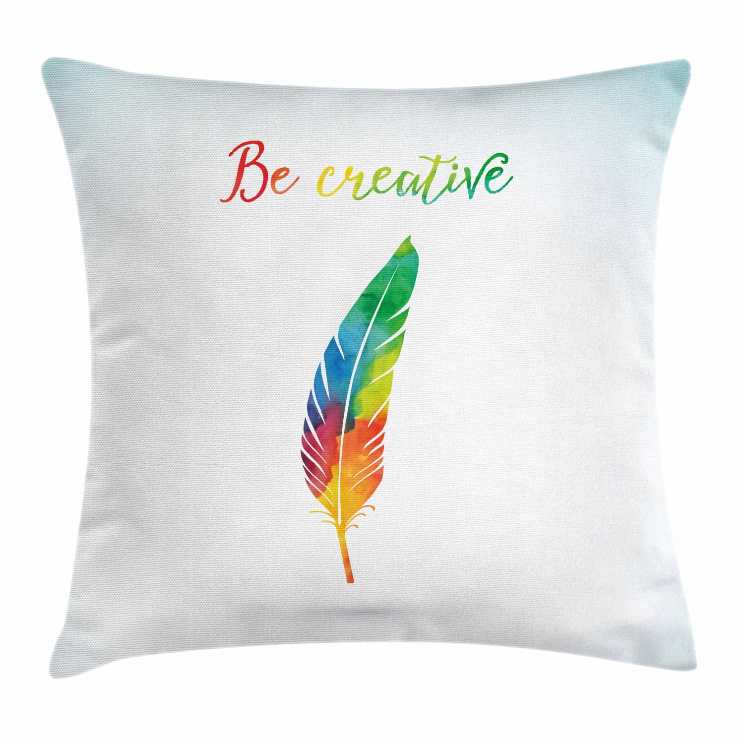 Feather Throw Pillow Cushion Cover, Rainbow Colored Quill and Be ...
