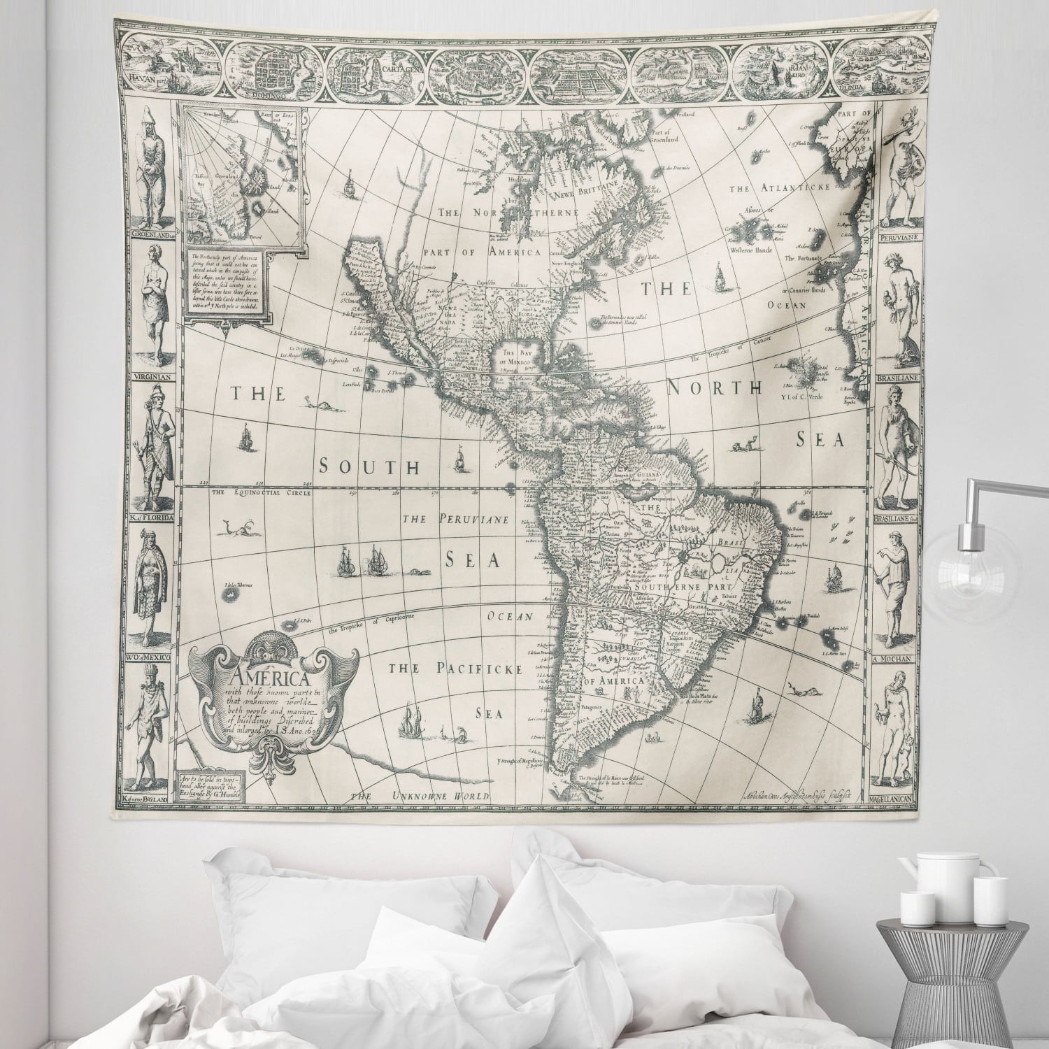 World Map Tapestry, Antique Map America in 1600s World in Medieval Time ...