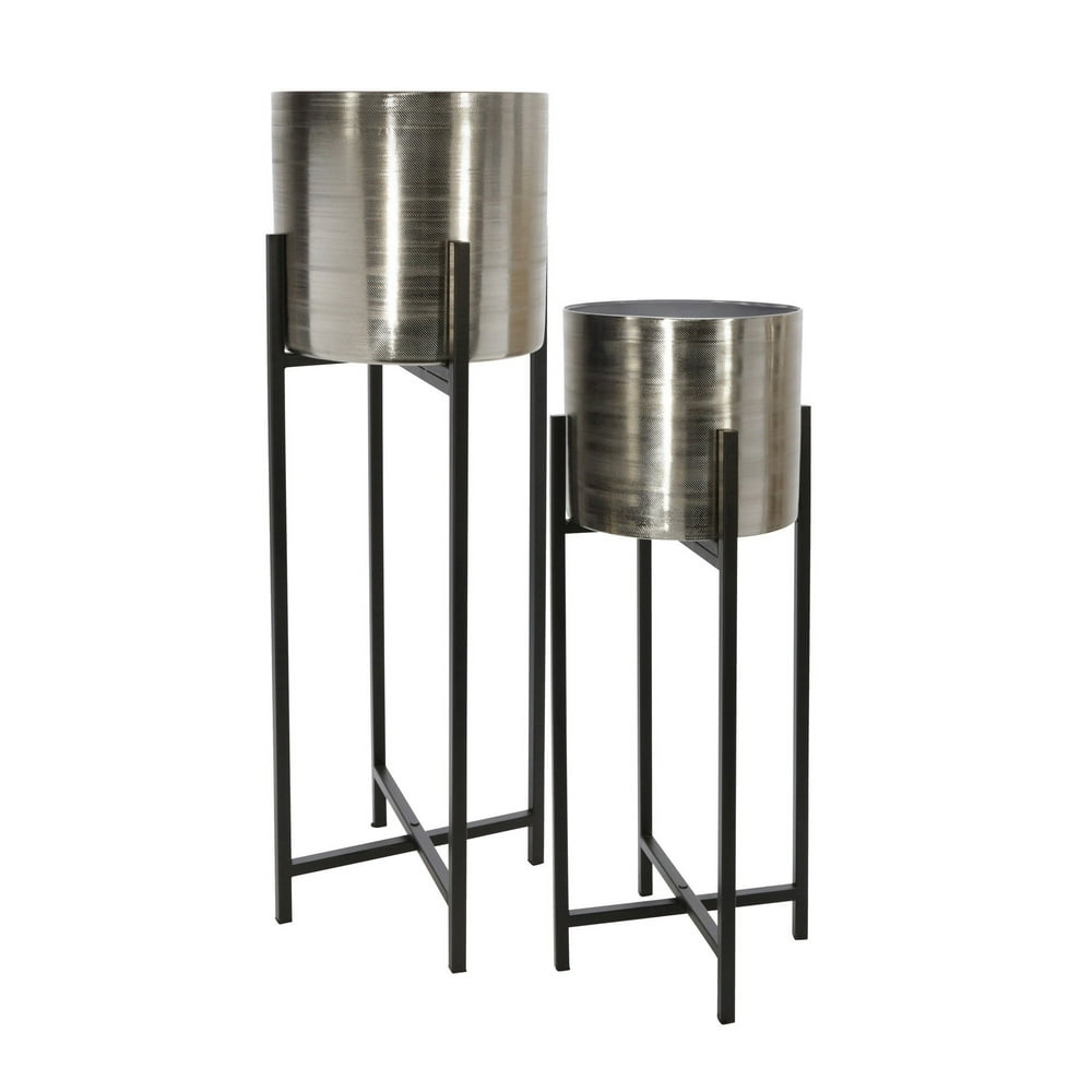 Round Metal planter with X Shaped Tubular Stand, Set of 2, Silver ...