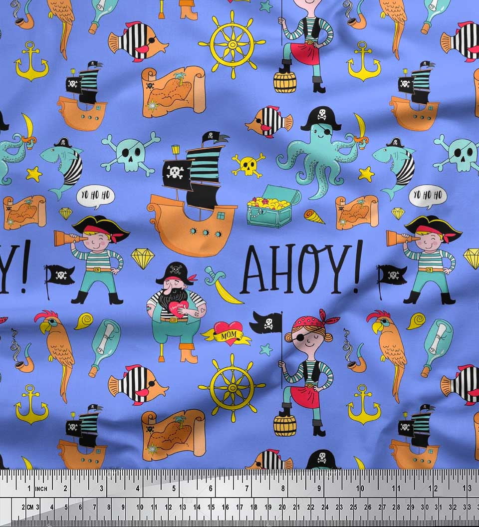 Soimoi Crepe Silk Fabric Ship Wheel,Pirate Boy & Jellyfish Ocean Print ...