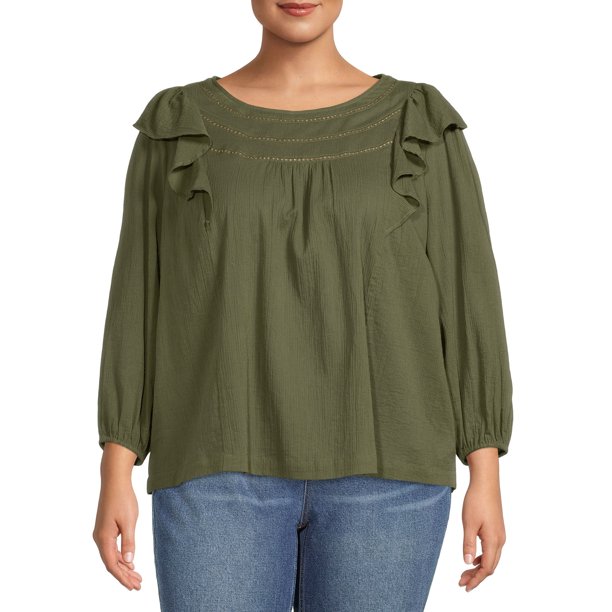 Terra And Sky Womens Plus Size Ladder Trim Ruffle Blouse