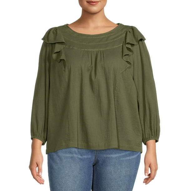 Terra And Sky Womens Plus Size Ladder Trim Ruffle Blouse