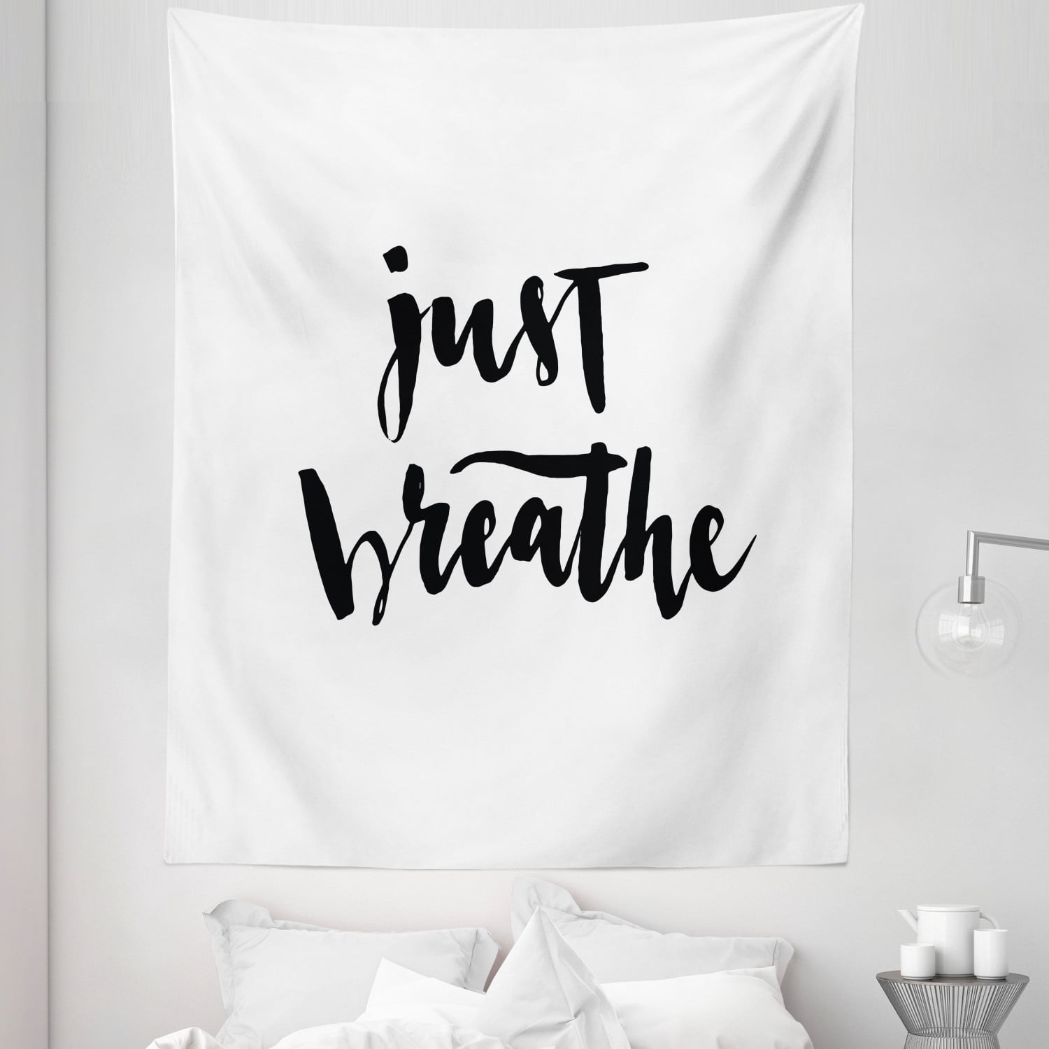 Just Breathe Tapestry, Modern Brush Lettering in Black on White ...