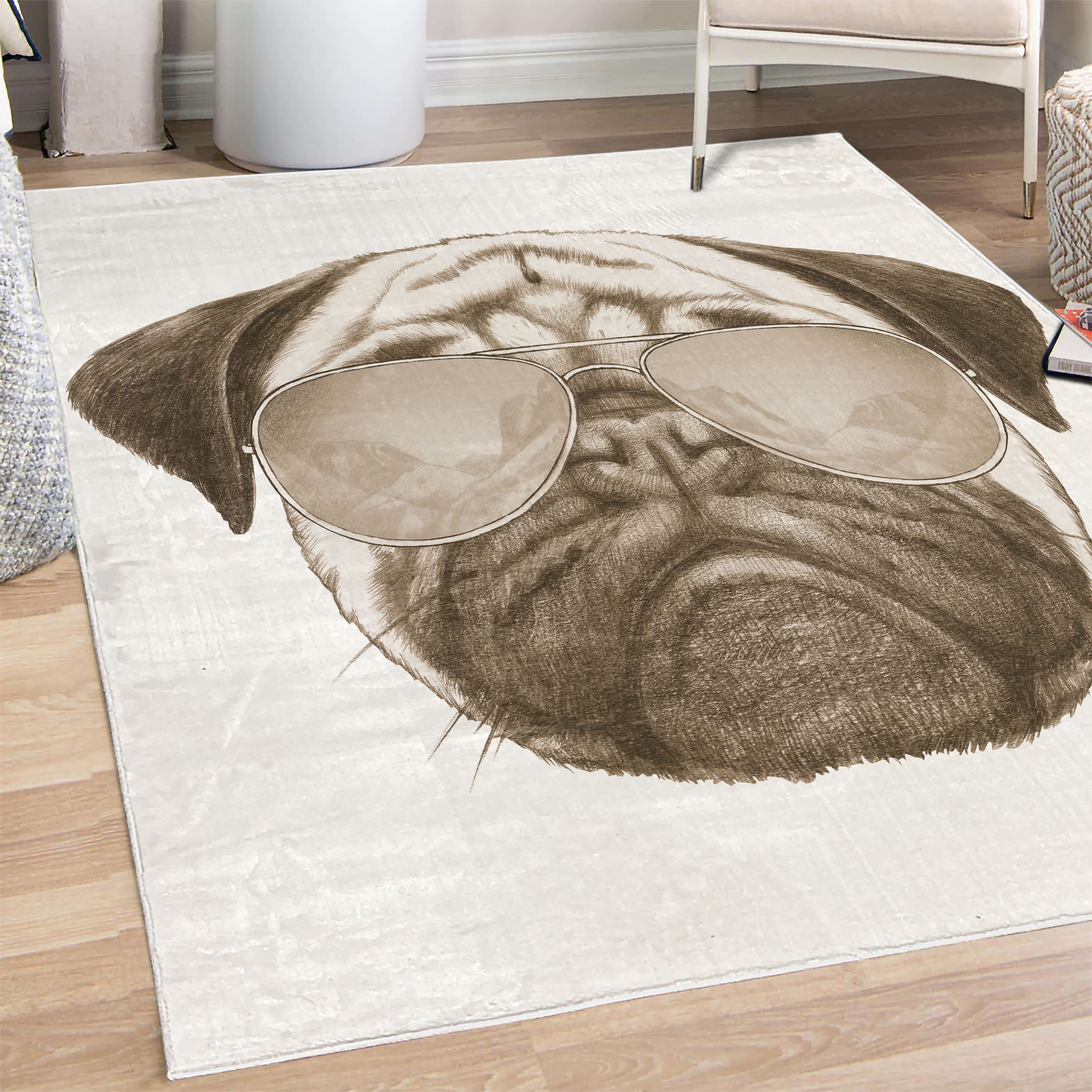 Pug Decorative Rug, Dog Portrait Mirror Sunglasses Hand Drawn ...
