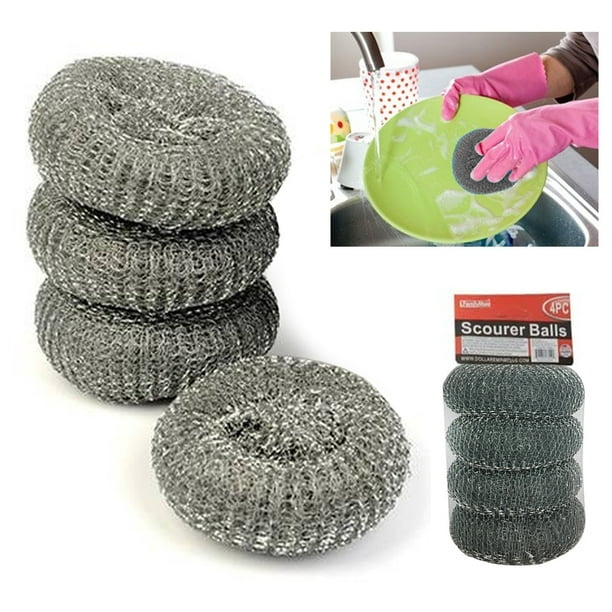 4 Scourer Steel Wire Mesh Ball Pads Kitchen Scrub Cleaning Pan Cleaner ...