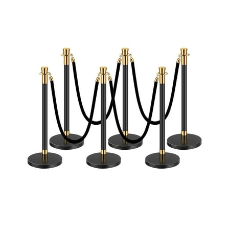 VIP Crowd Control, 6 Gold Crown Rope Stanchions + 4 Black Velour Ropes ...