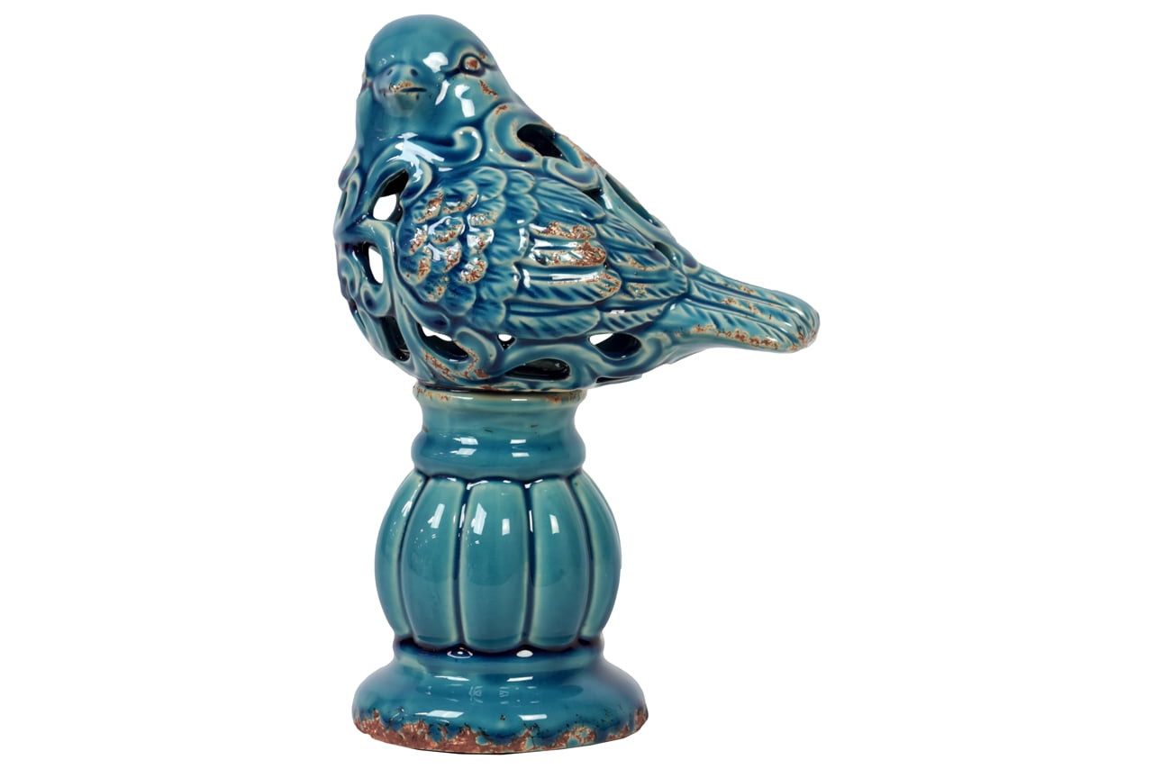 Exquisite & Beautifully Carved Ceramic Bird On Stand Antique Blue ...
