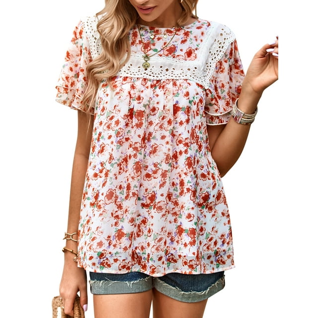 HUBERY Women Floral Print Lace Spliced Crew Neck Tiered Short Sleeve ...
