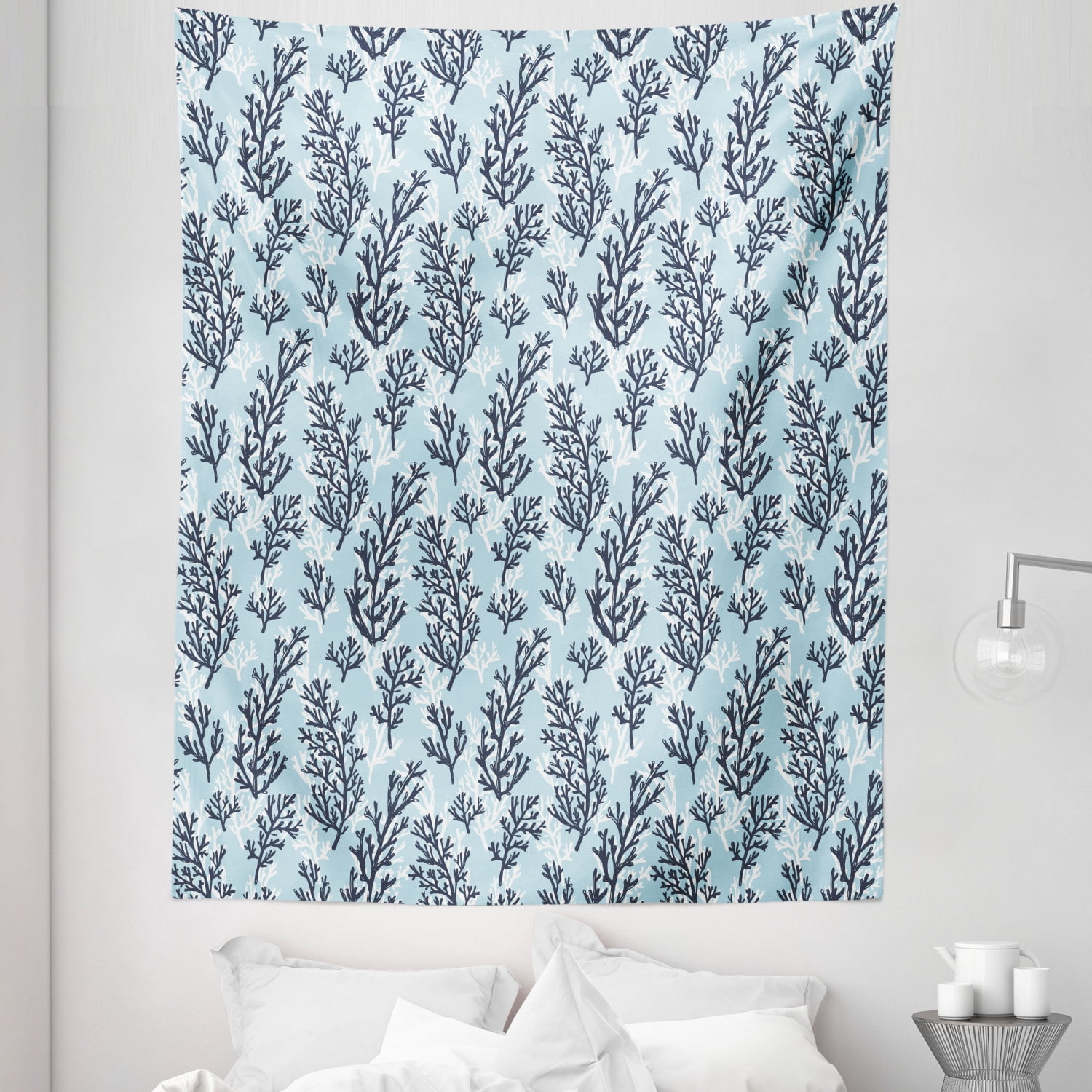 Blue and White Tapestry, Hand Drawn Style Ocean Themed Pattern with ...