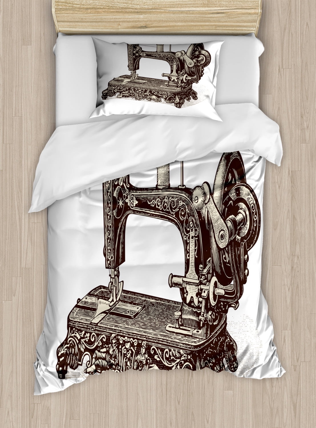 Steampunk Twin Size Duvet Cover Set, Vintage Sewing Machine Hand-Drawn ...