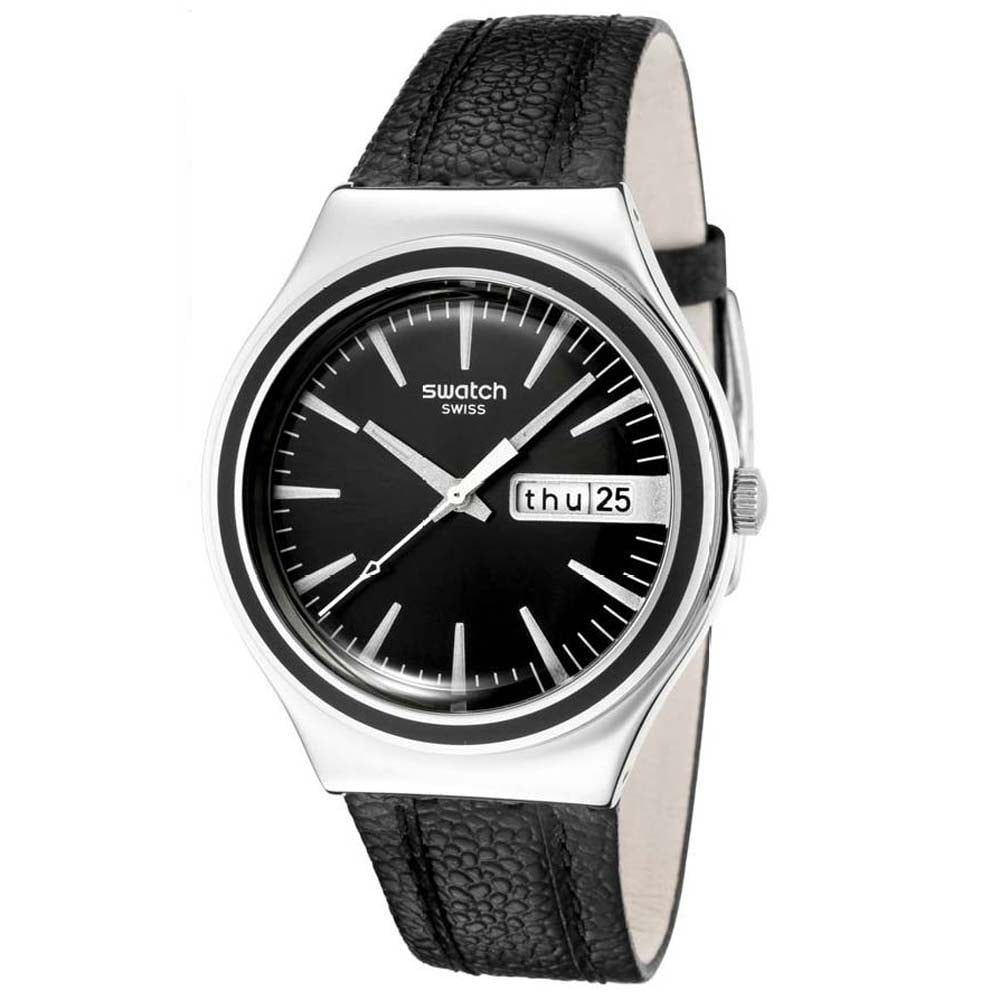 Swatch YGS744 Unisex Stainless Steel Black Dial Leather Strap Watch ...