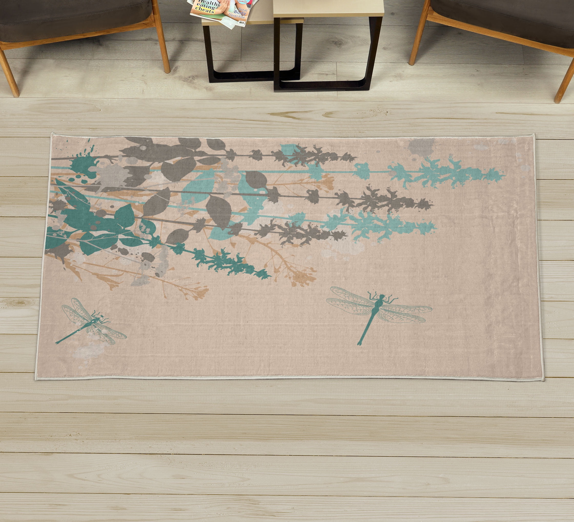 Dragonfly Decorative Rug, Nature Plants Grass with Wildflowers with ...