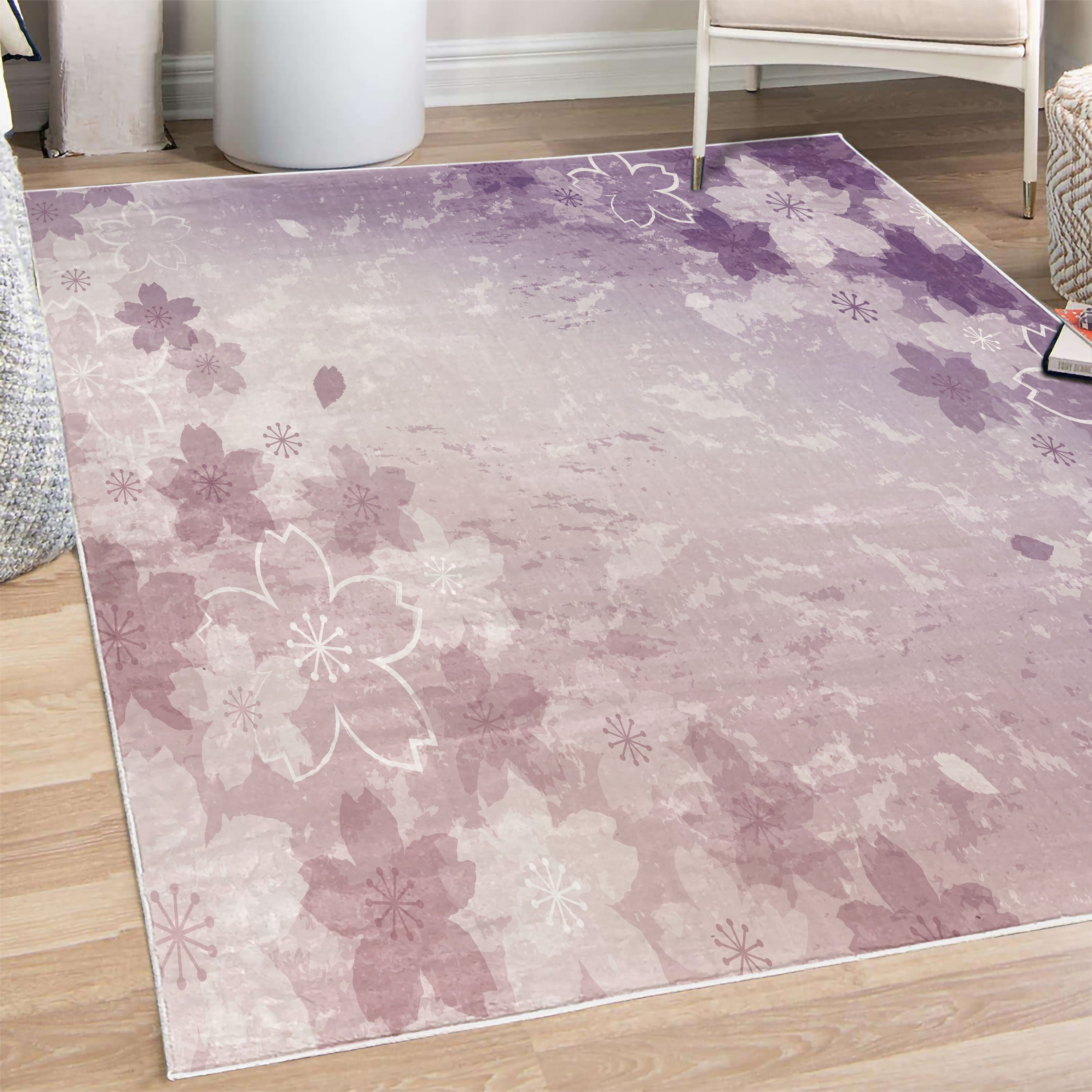 Nature Decorative Rug, Cherry Blossoms Pattern in Shabby Form Style ...