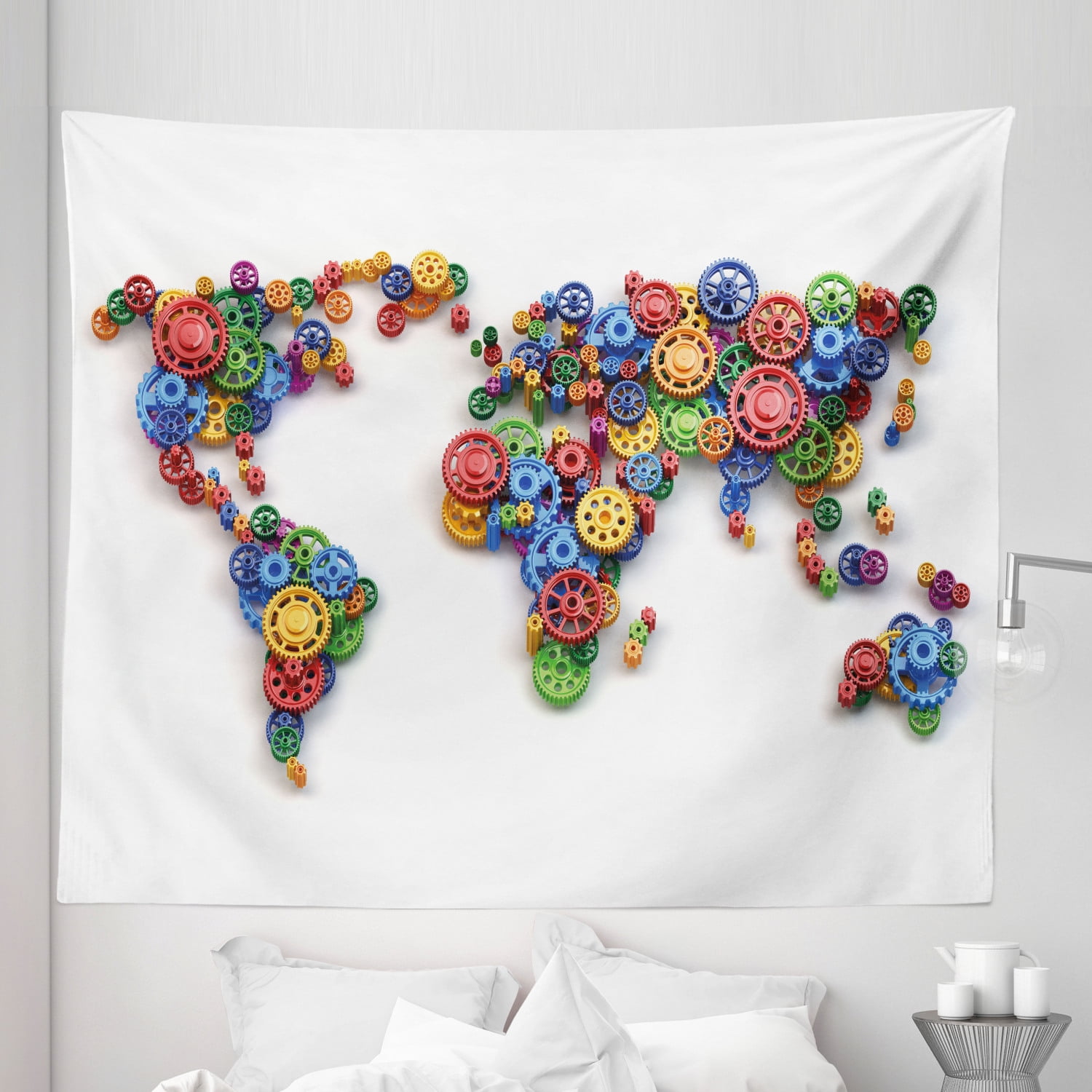 Industrial Tapestry, Map of the World Colorful Gears Design Global ...