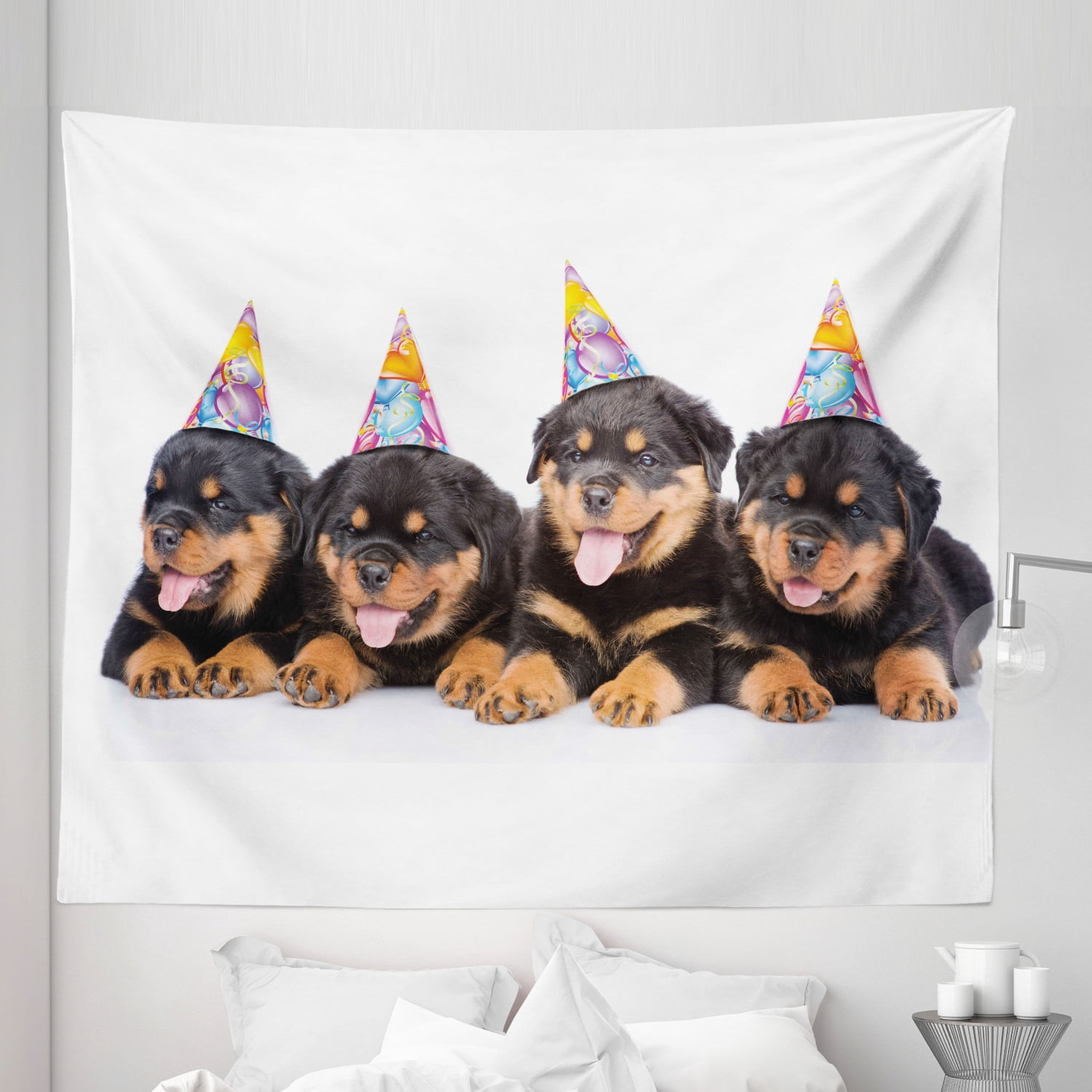 Birthday Tapestry, Rottweiler Pets Party Cone Hats Puppies Dogs Art ...
