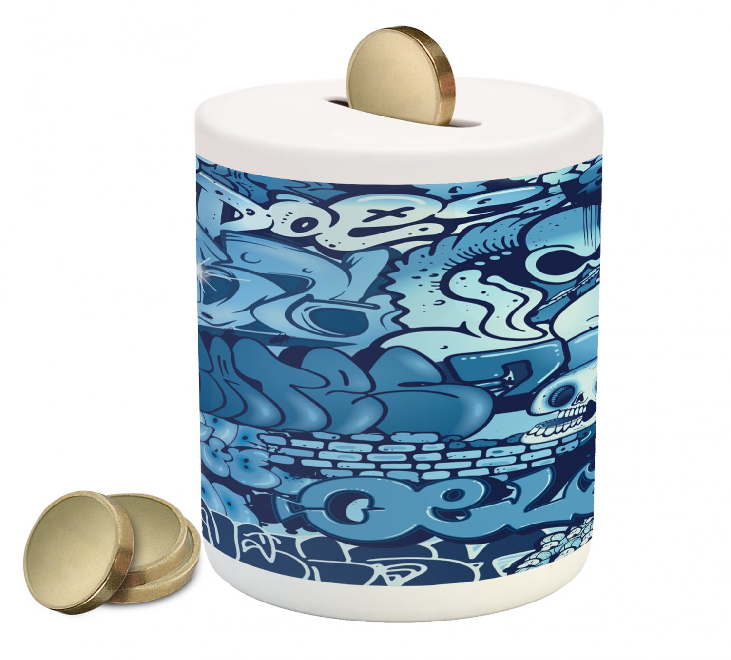 Urban Graffiti Piggy Bank, Xenomorph Alien and Skull on Aquatic Shaded ...