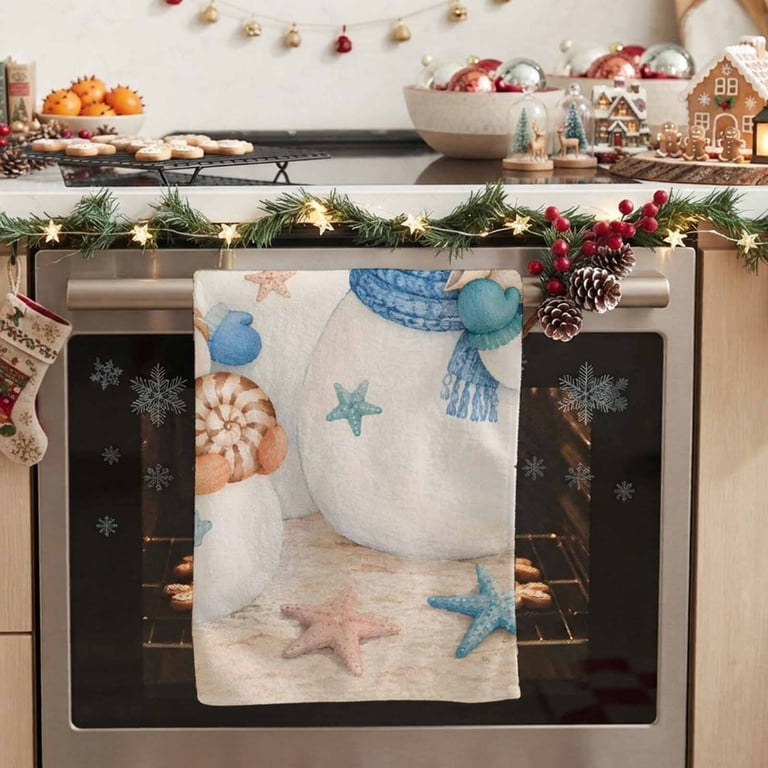 3 Pack Christmas Kitchen Towels Coastal Blue Snowman Family Seashell ...