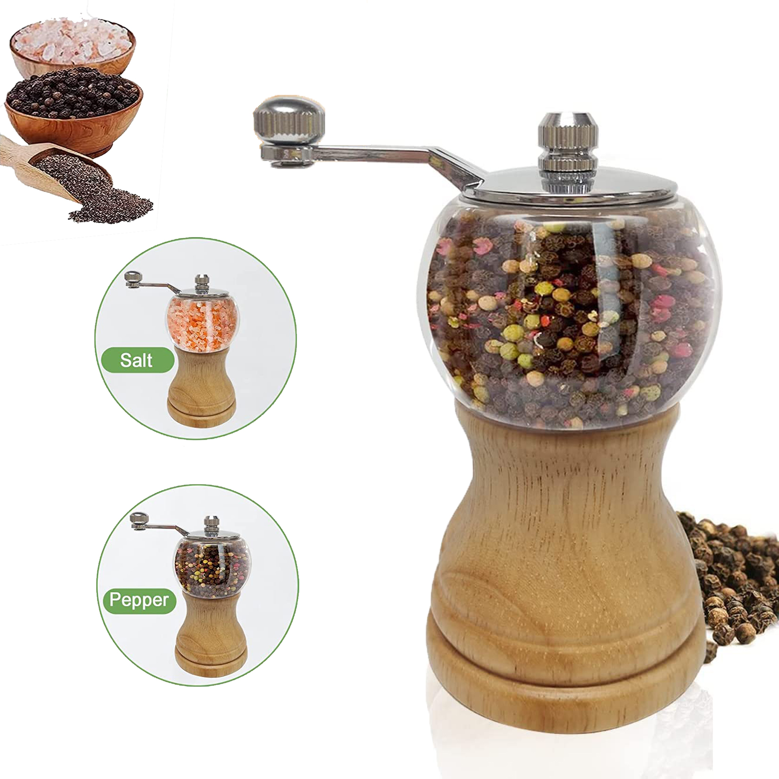 SunshineFace Hand Shake Wood Pepper Grinder, Crank Sea Salt Grinder ...
